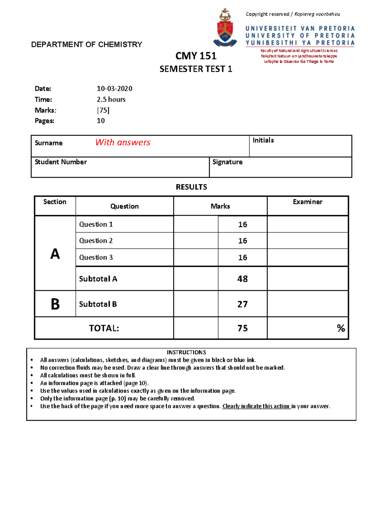 ST 1 - 2020 - 2020 sem test - DEPARTMENT OF CHEMISTRY CMY 151 SEMESTER ...