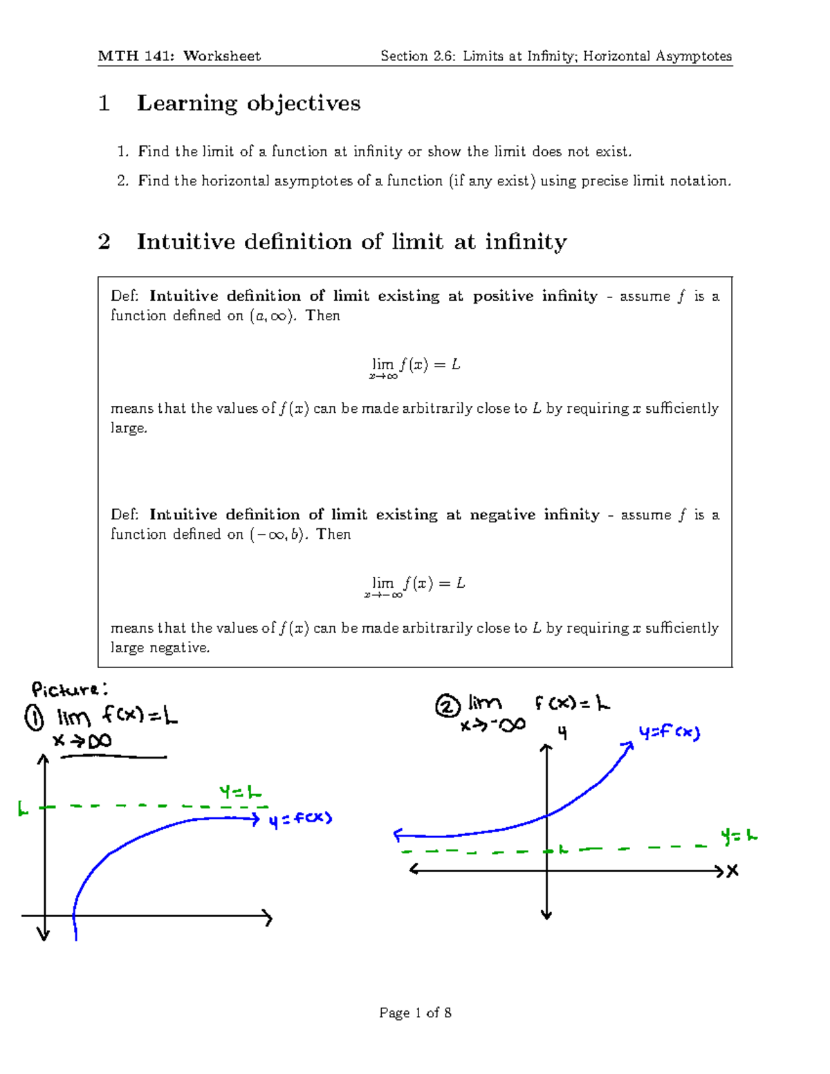 MTH 141 - SECTION 2.3 - 1 Learning objectives 1. Find the limit of a function at infinity or ...