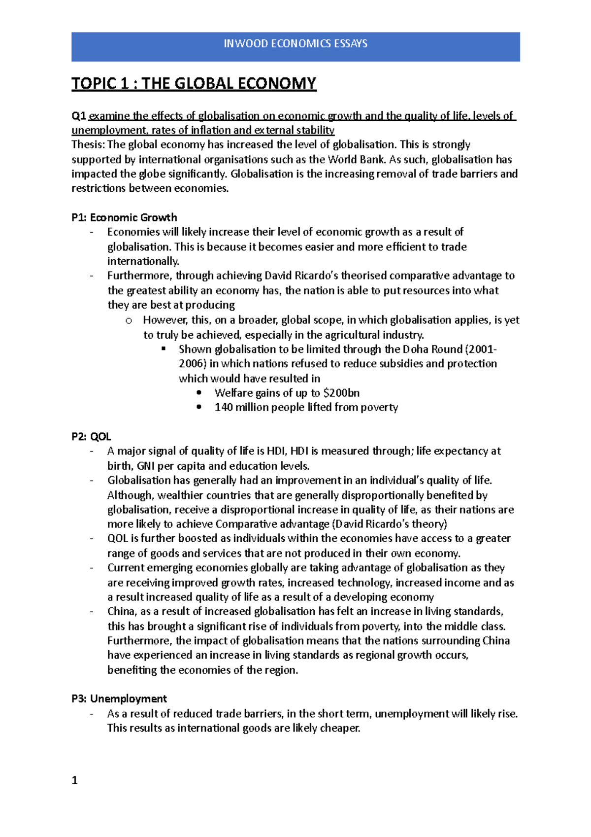 ECO Essays - TOPIC 1 : THE GLOBAL ECONOMY Q1 examine the effects of ...