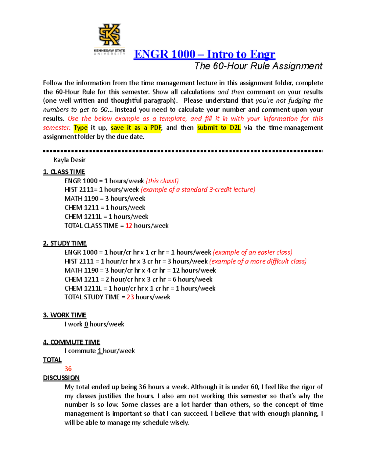 Time Management Assignment - ENGR 1000 – Intro to Engr The 60-Hour Rule ...
