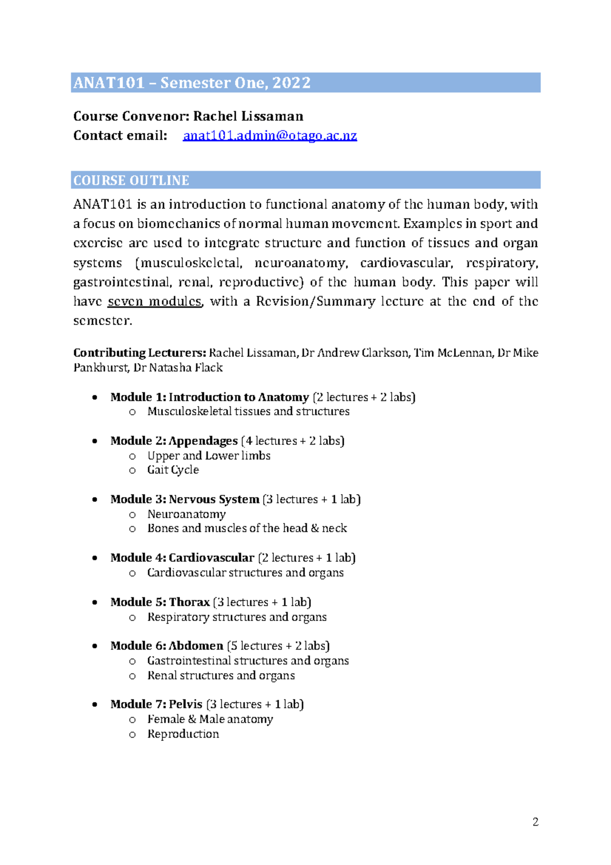 0b ANAT101 Outline 2022 v9 - ANAT101 – Semester One, 2022 Course ...