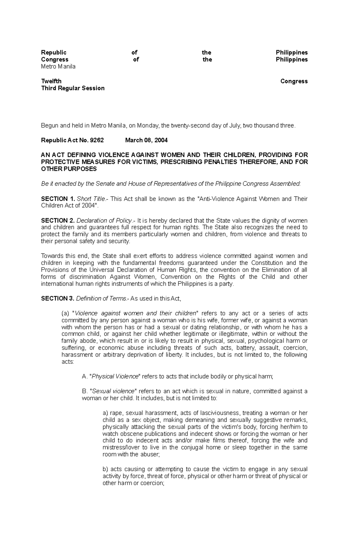 R.A. No. 9262 - R.A. No. 9262.docx - Republic of the Philippines ...