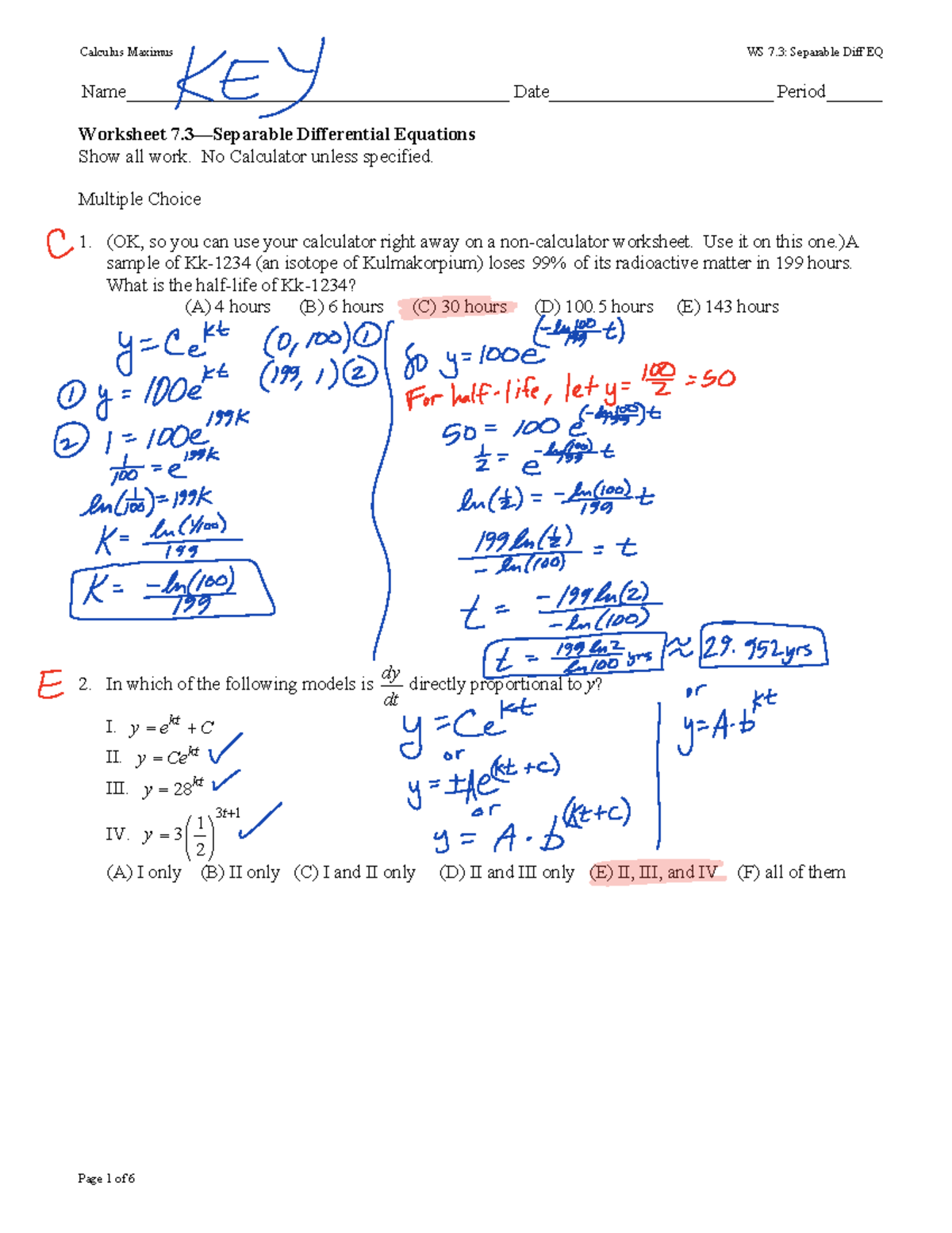 WS 05.1 Separable Differential Equations KEY - Name