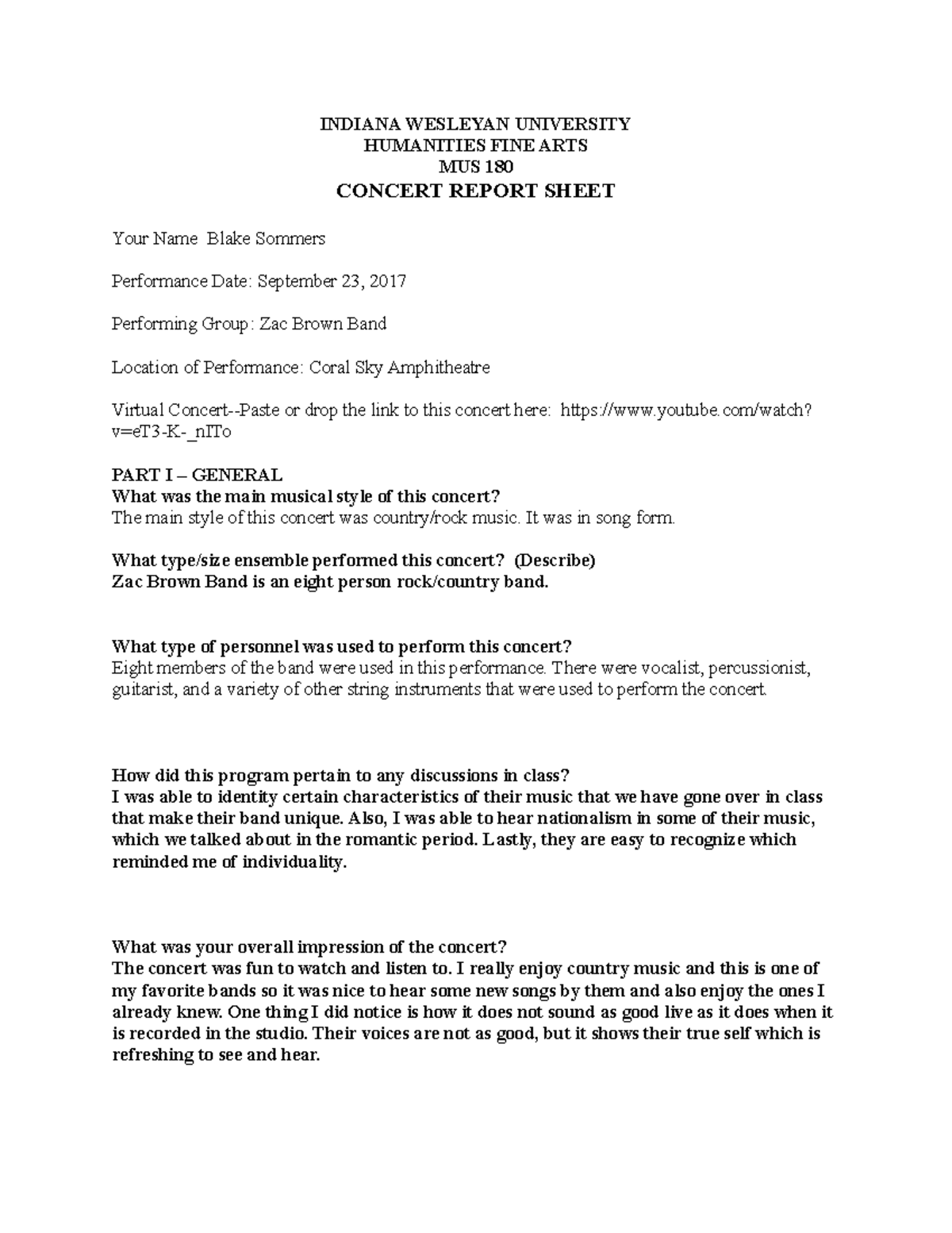 Concert Report #2 - INDIANA WESLEYAN UNIVERSITY HUMANITIES FINE ARTS ...