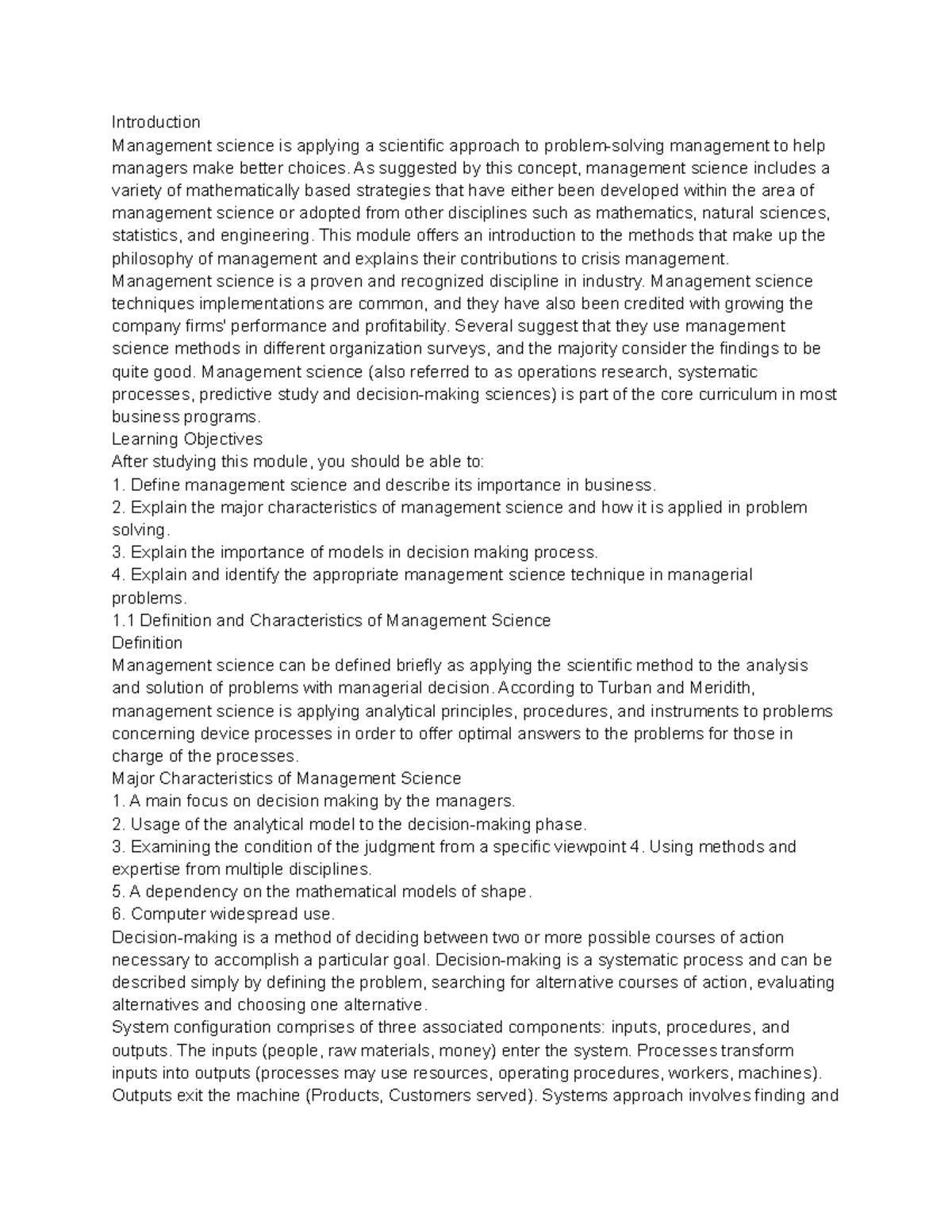 Mgt Sci - Reviewer - Introduction Management science is applying a ...