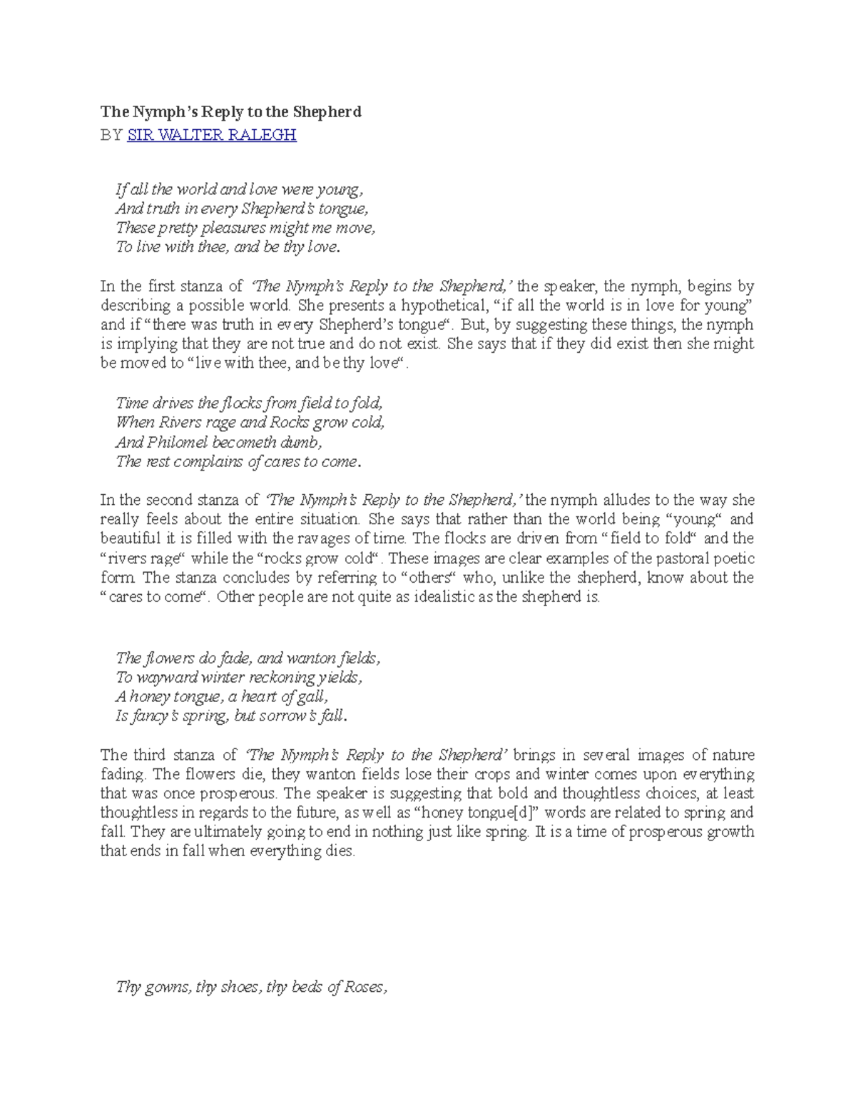 박세호 - Grade 12 The Nymph’s Reply to the Shepherd - The Nymph’s Reply to ...