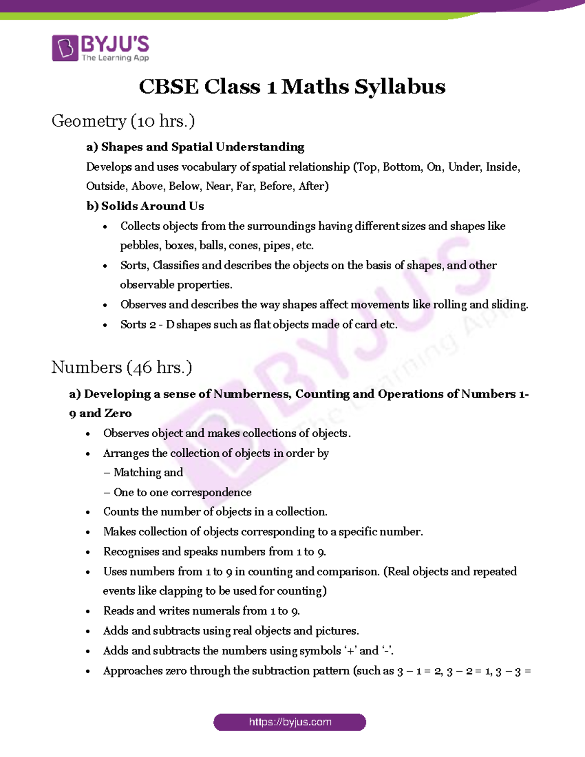 CBSE Class 1 Maths Syllabus - byjus CBSE Class 1 Maths Syllabus ...
