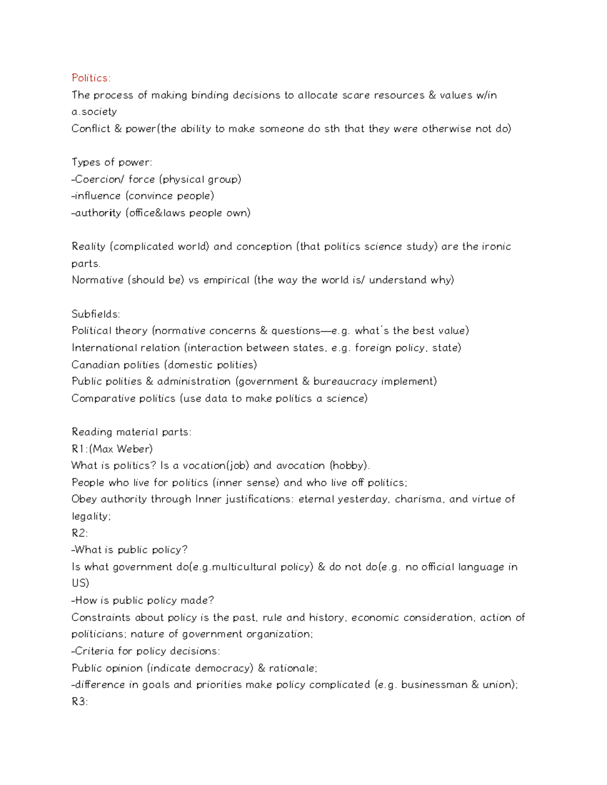 A Politics - summary of the course - PSCI 100 - Studocu