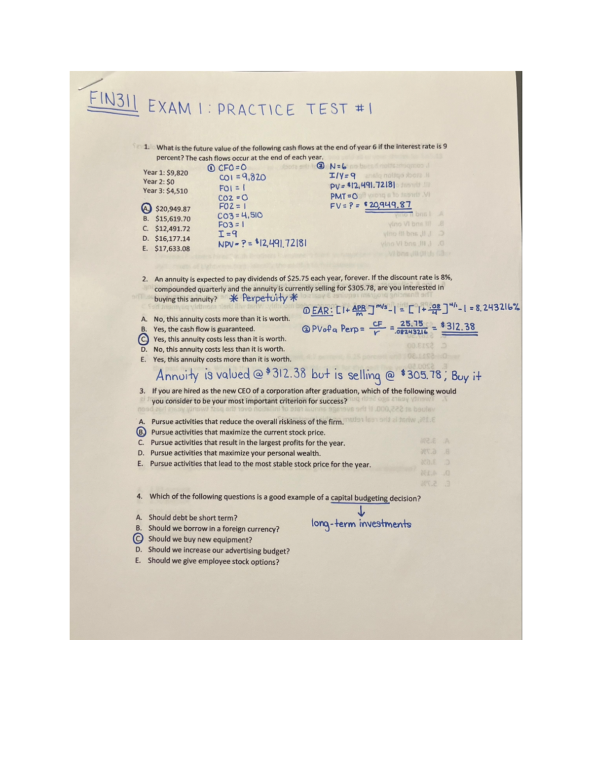 FIN311 Exam 1 - Practice Test 1 Answer Key X - Studocu