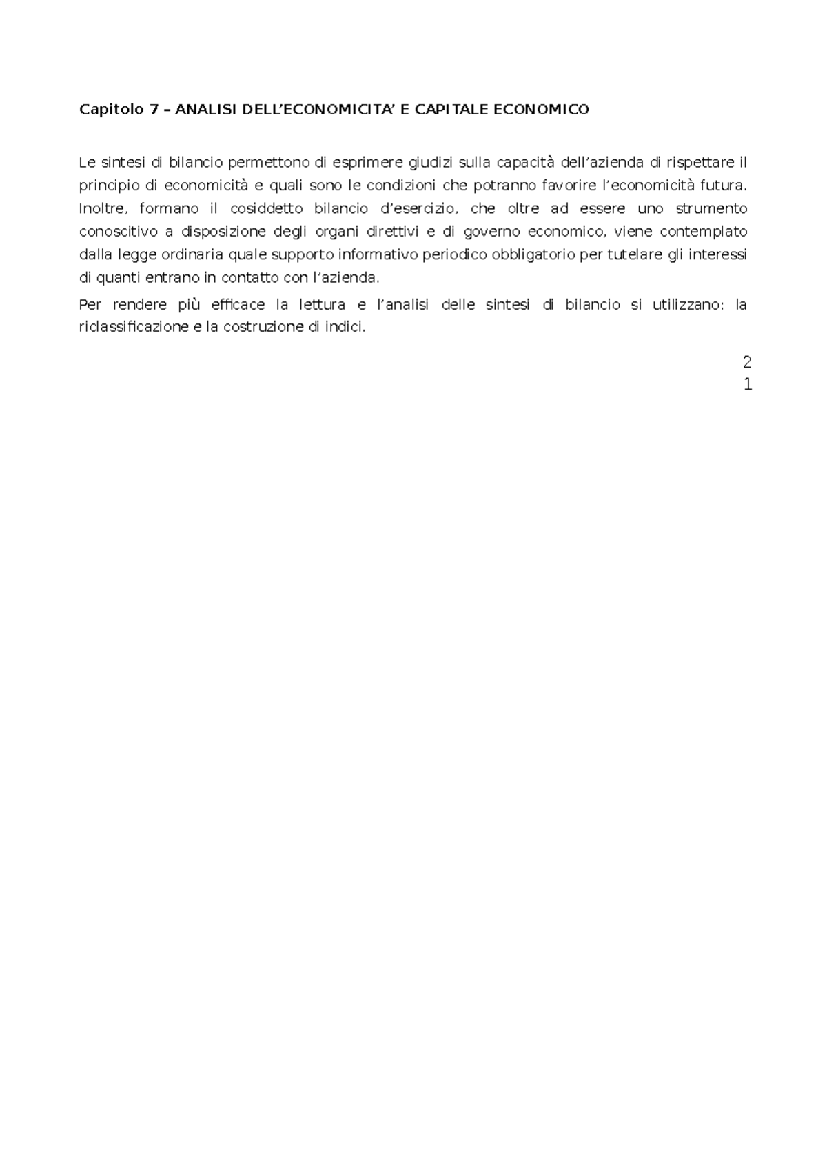 Capitolo 7 – Analisi DELL’ Economicita’ E Capitale Economico - Capitolo ...