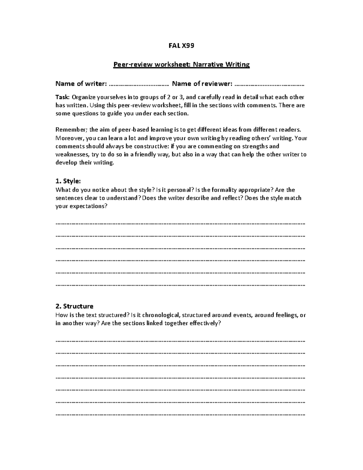 FAL X99 - Narrative - peer review worksheet - FAL X Peer-review ...