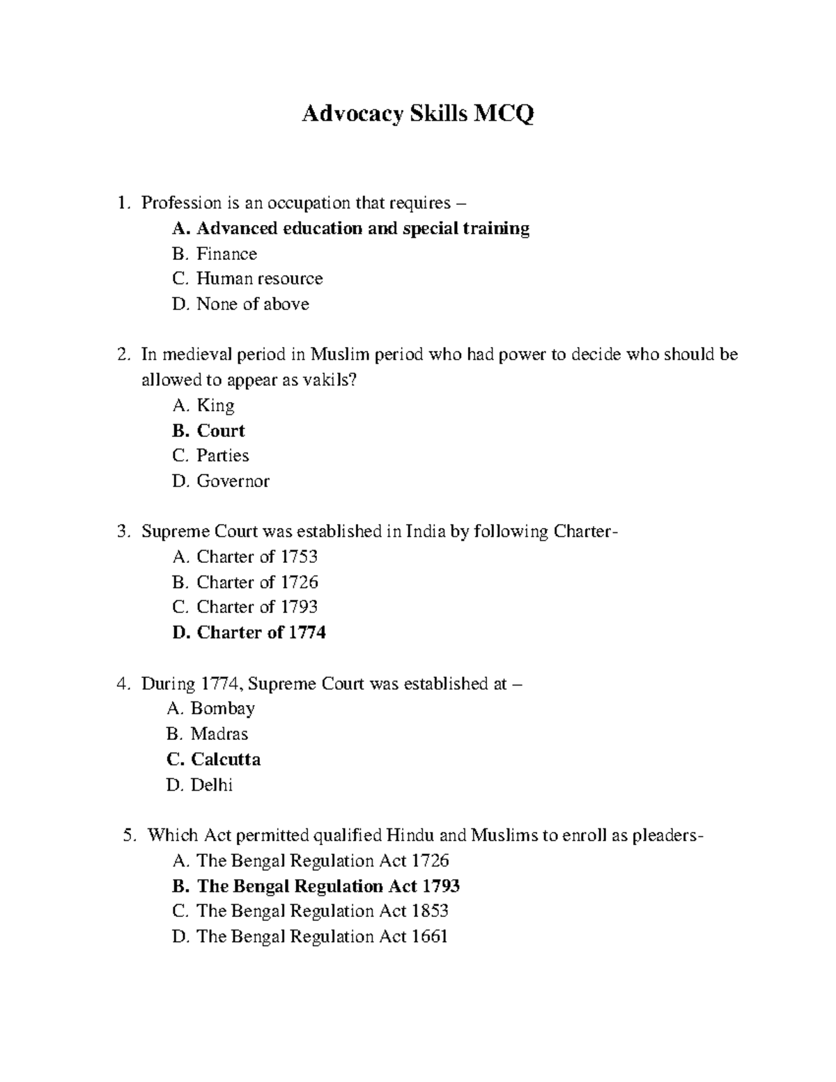 5. Advocacy Skill question bank - Advocacy Skills MCQ Profession is an ...