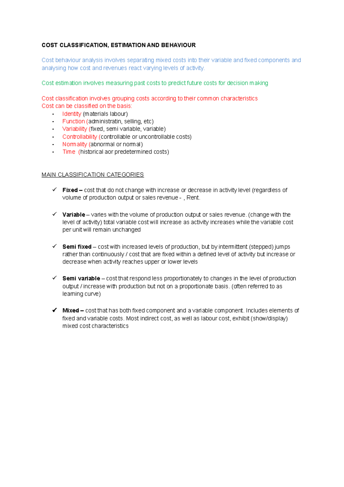 COST Classification - cost clasification - COST CLASSIFICATION, ESTIMATION AND BEHAVIOUR Cost ...