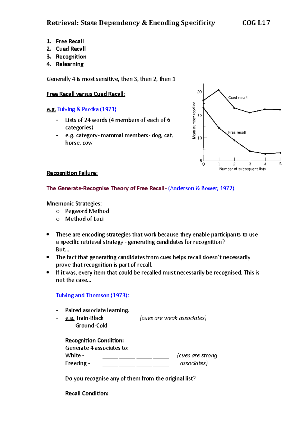 COG L17 Lecture notes 7 - Free Recall Cued Recall Recognition ...