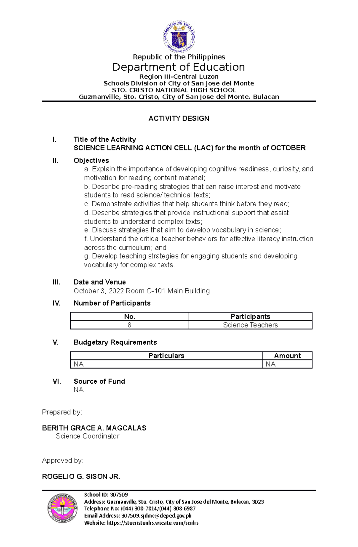 Activity design oct - Republic of the Philippines Department of ...