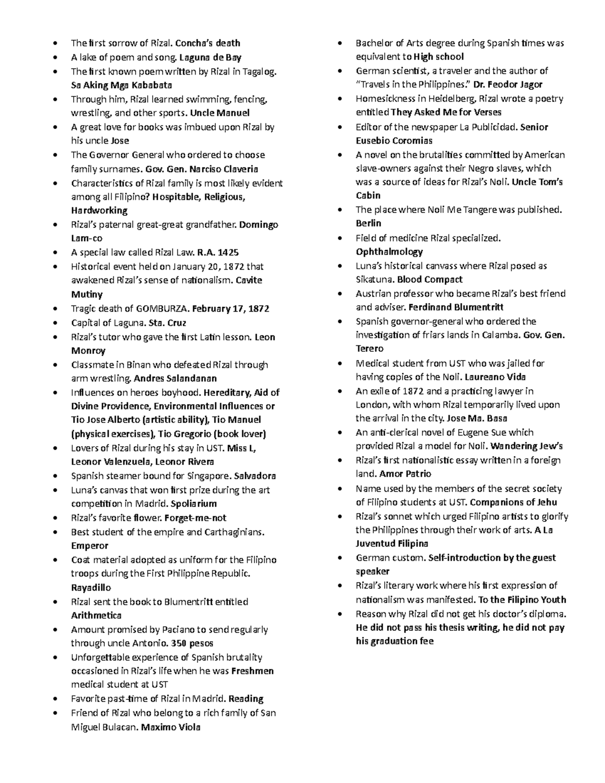 Rizal reviewer - The first sorrow of Rizal. Concha’s death A lake of ...