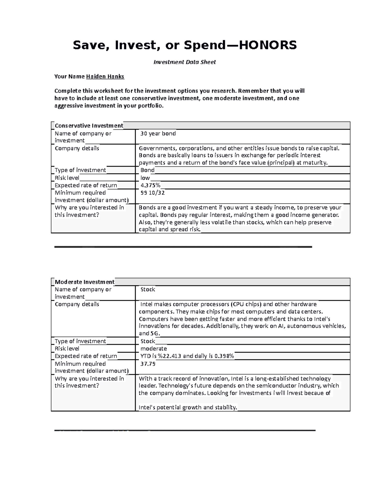 Investment honors data sheet template - Save, Invest, or Spend—HONORS ...