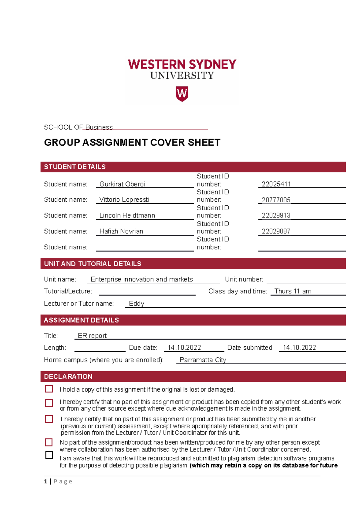 ER report - assignmetn - SCHOOL OF Business GROUP ASSIGNMENT COVER ...