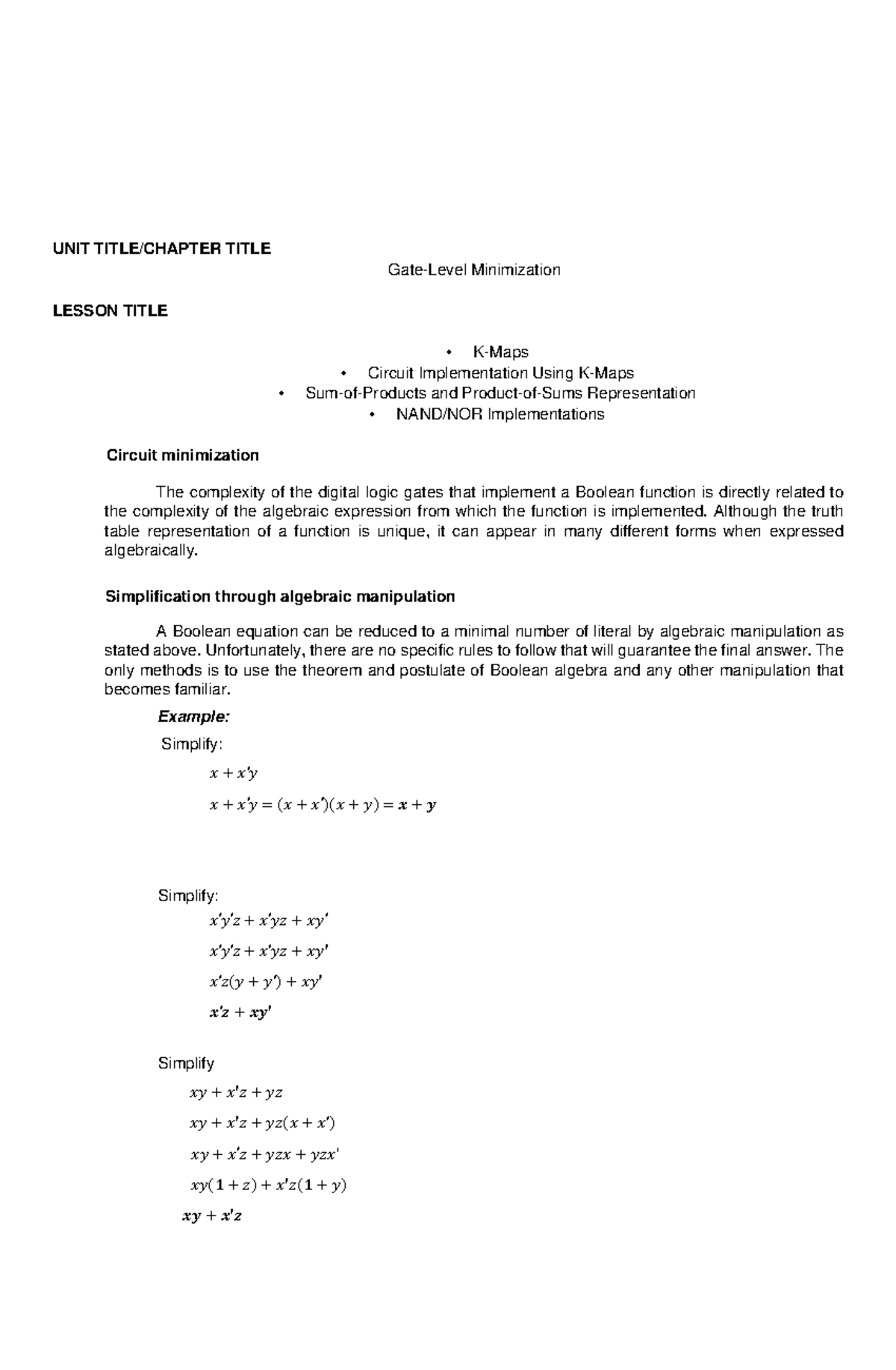 Gate Level Minimization Unit Title Chapter Title Gate Level