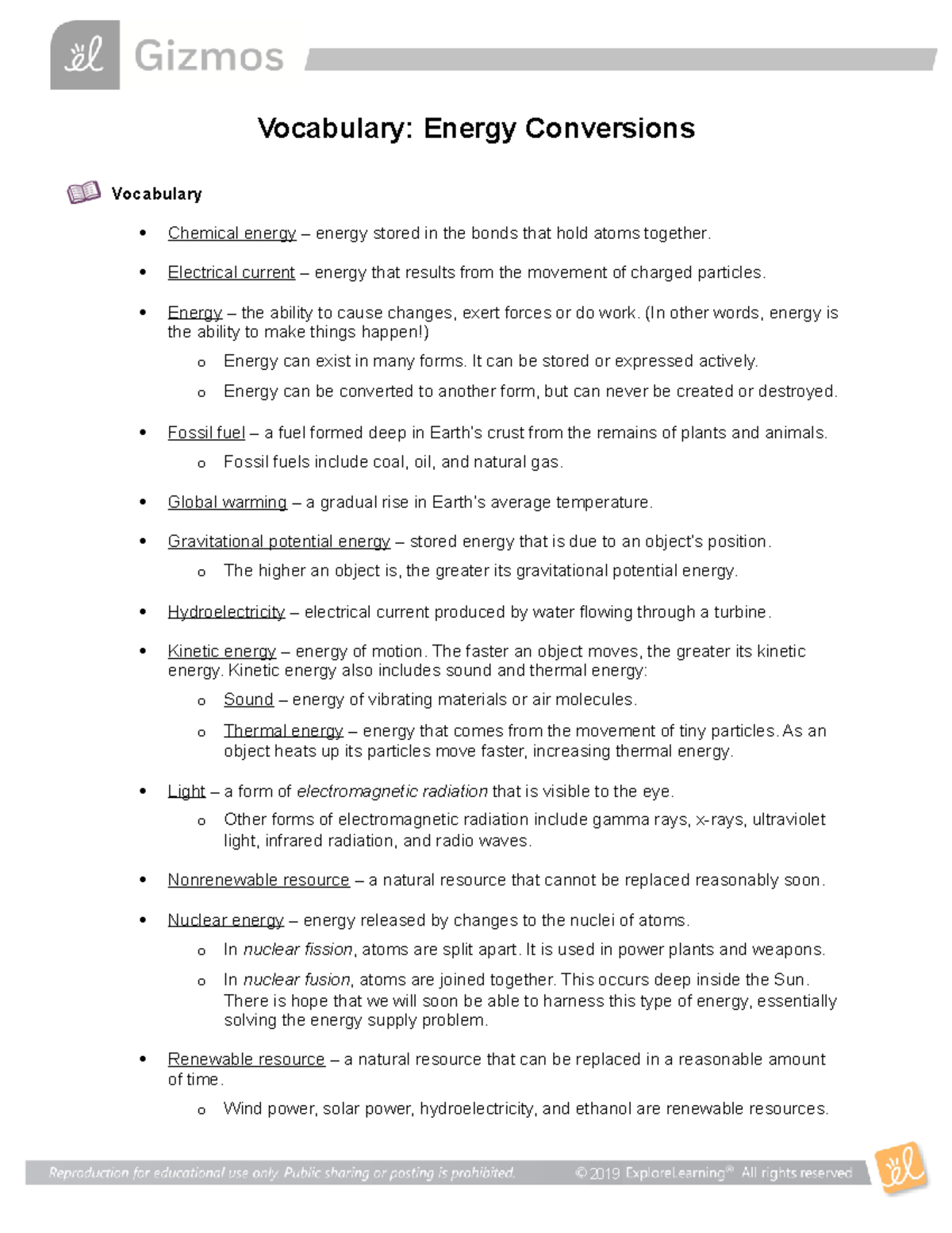 Energy Conversions Vocab - 2019 Vocabulary: Energy Conversions ...