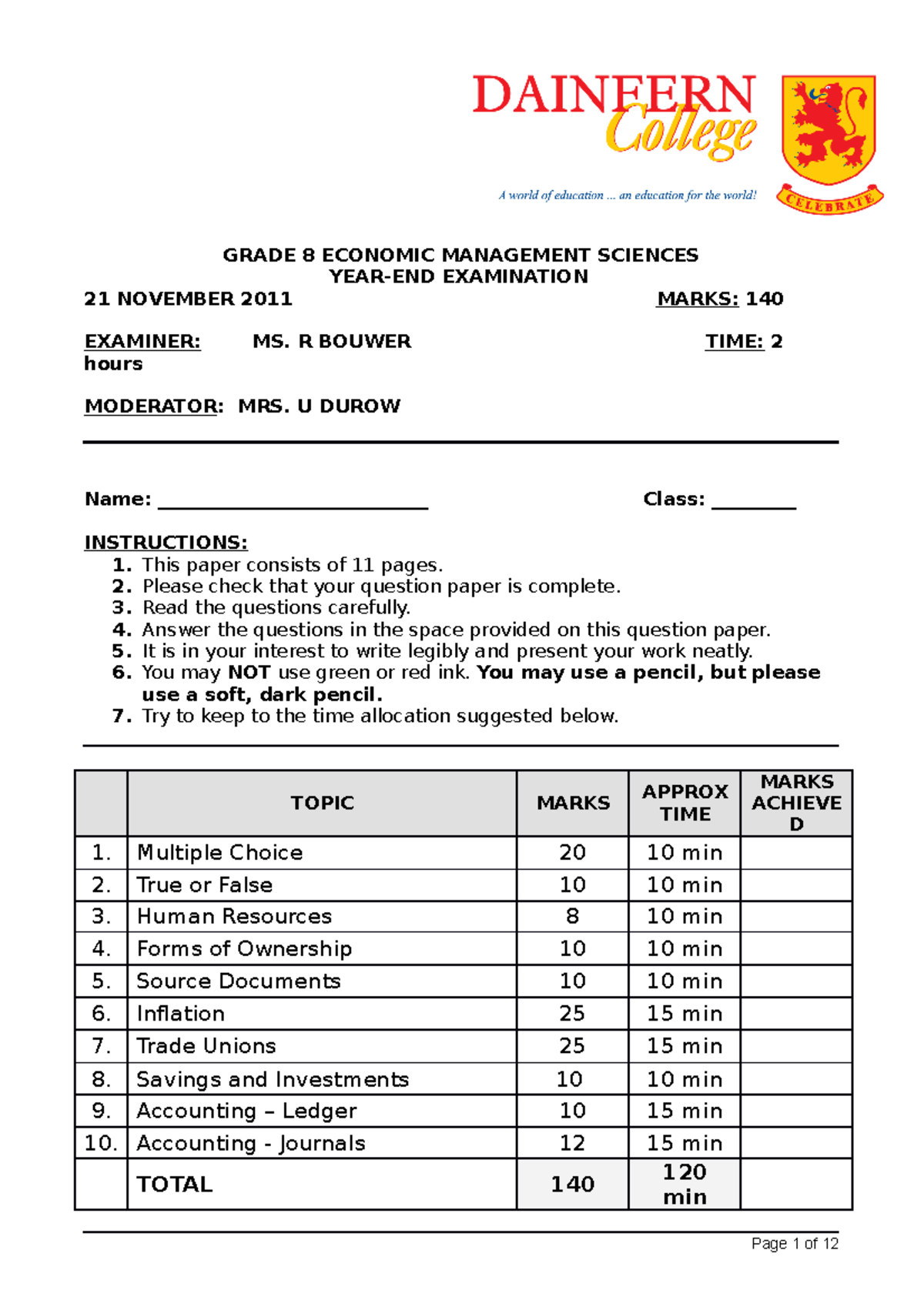 Grade 8 November Exam 2011 - GRADE 8 ECONOMIC MANAGEMENT SCIENCES YEAR ...