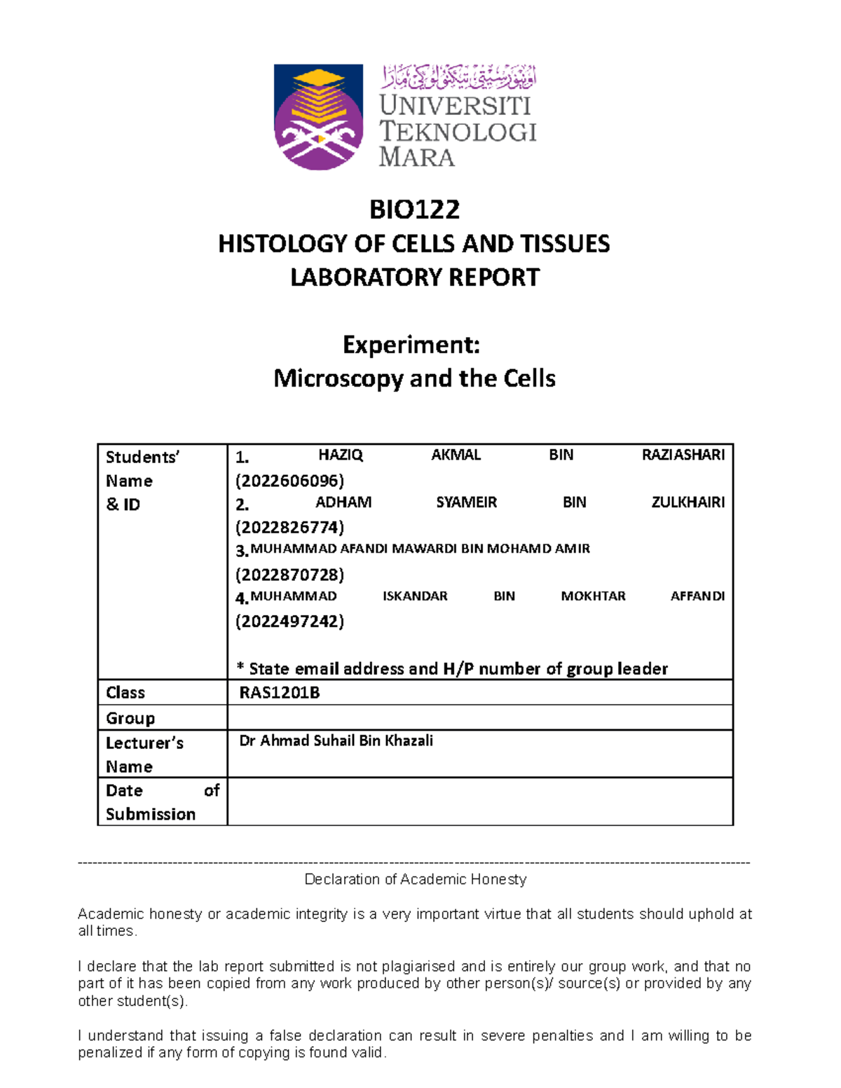 Lab report Biology exp 123 - BIO HISTOLOGY OF CELLS AND TISSUES ...
