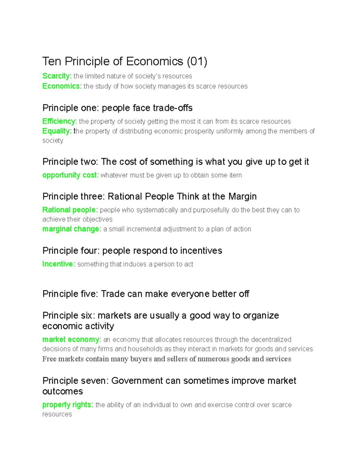 Chapter 1 and 2 - Ten Principle of Economics (01) Scarcity: the limited ...