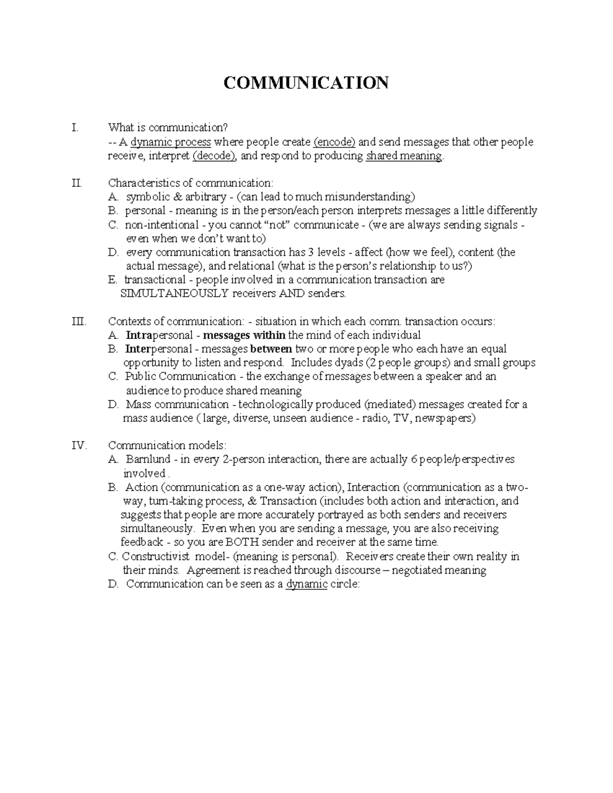 Communication notes - Professor Escoffery - COMMUNICATION I. What is ...
