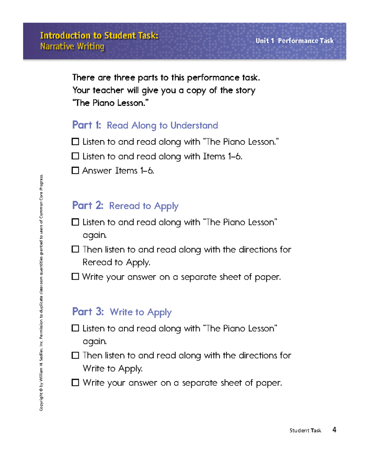 Progress 1 Language Arts - Assessment Part 1 - Unit 1 Performance Task ...