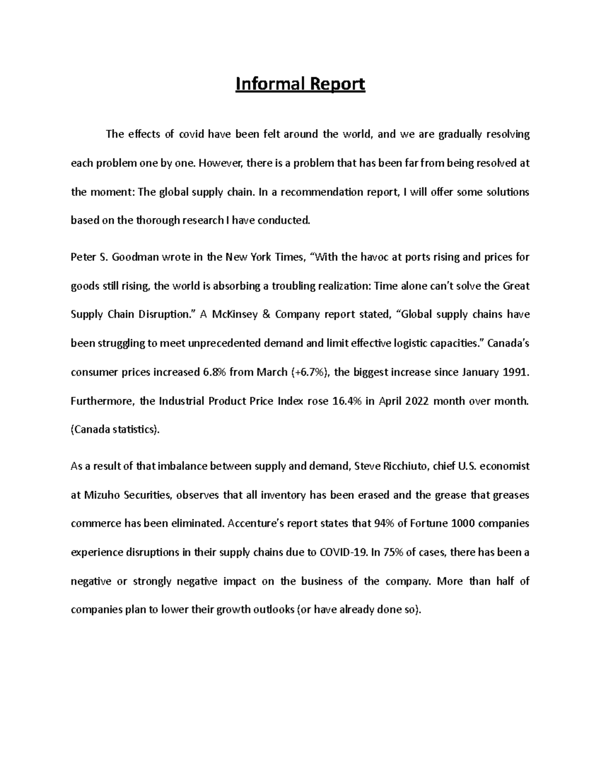 Informal Report - Informal Report The effects of covid have been felt ...