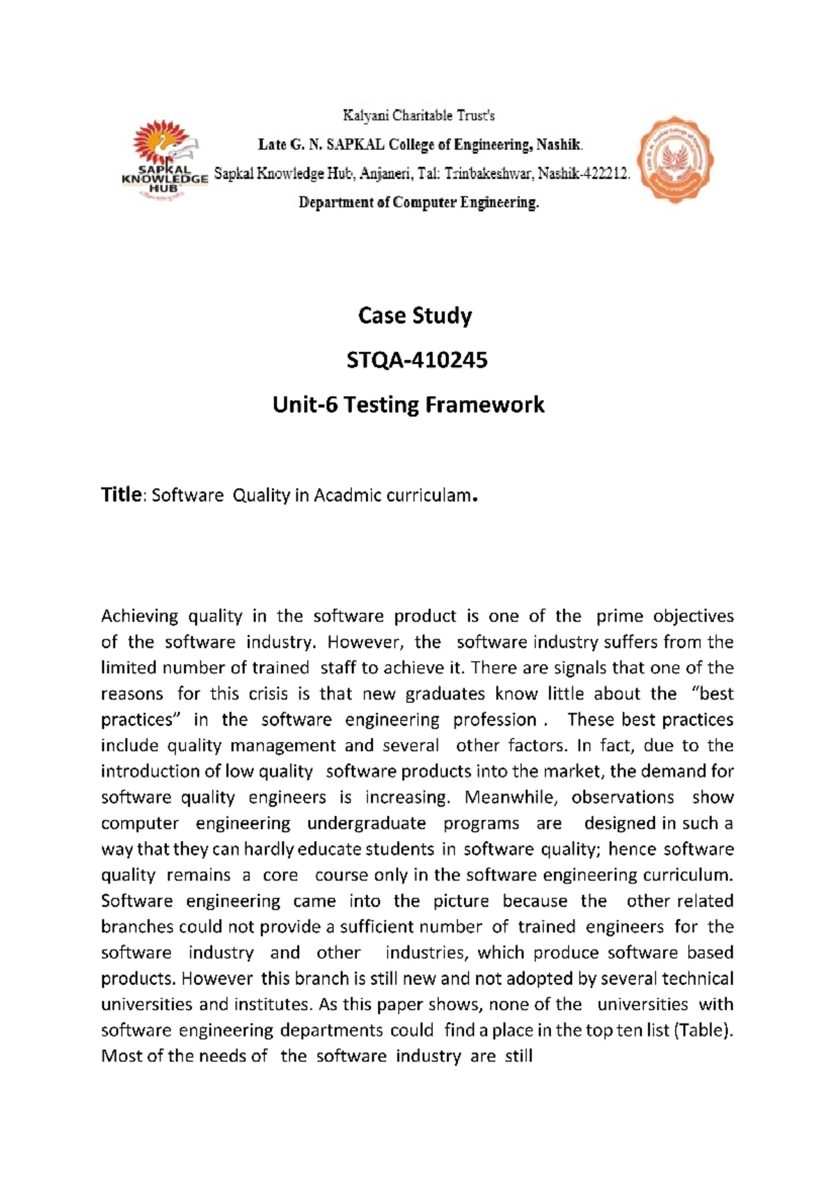 Case Study STQA.6 kajal - Computer Science - Studocu