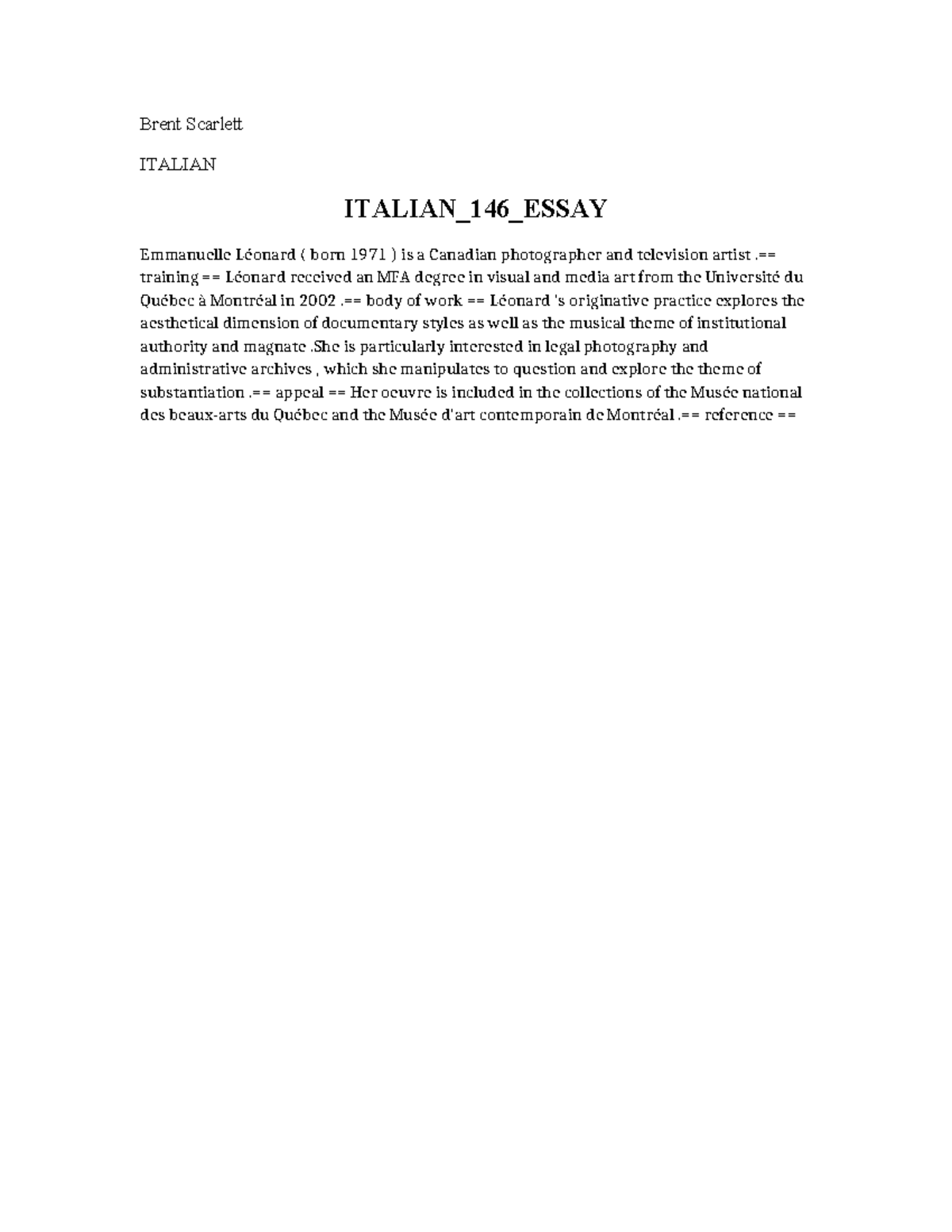 Italian 146 Essay - Brent Scarlett ITALIAN ITALIAN_146_ESSAY Emmanuelle ...