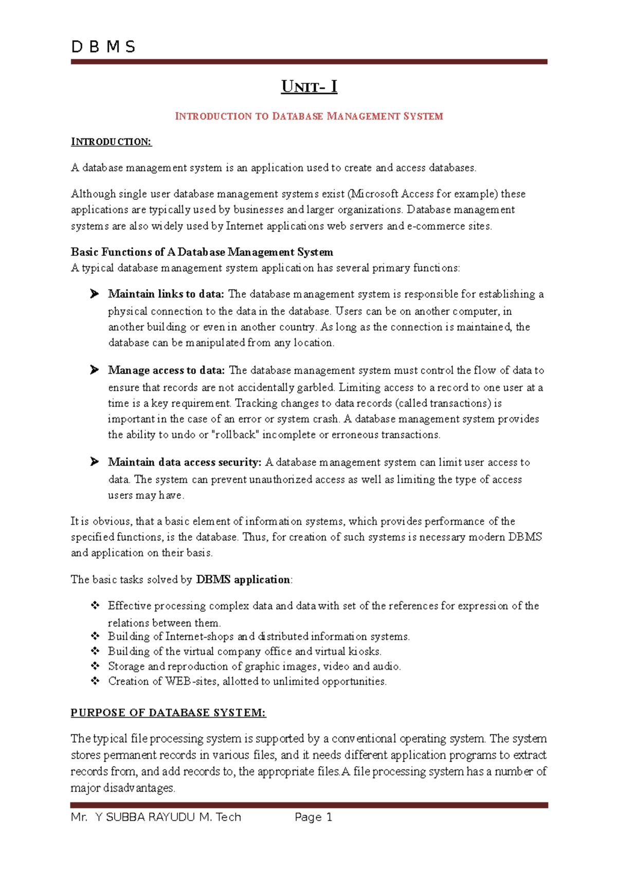 Dbms-4-units-by-subbu compress - UNIT- I INTRODUCTION TO DATABASE MANAGEMENT SYSTEM INTRODUCTION ...