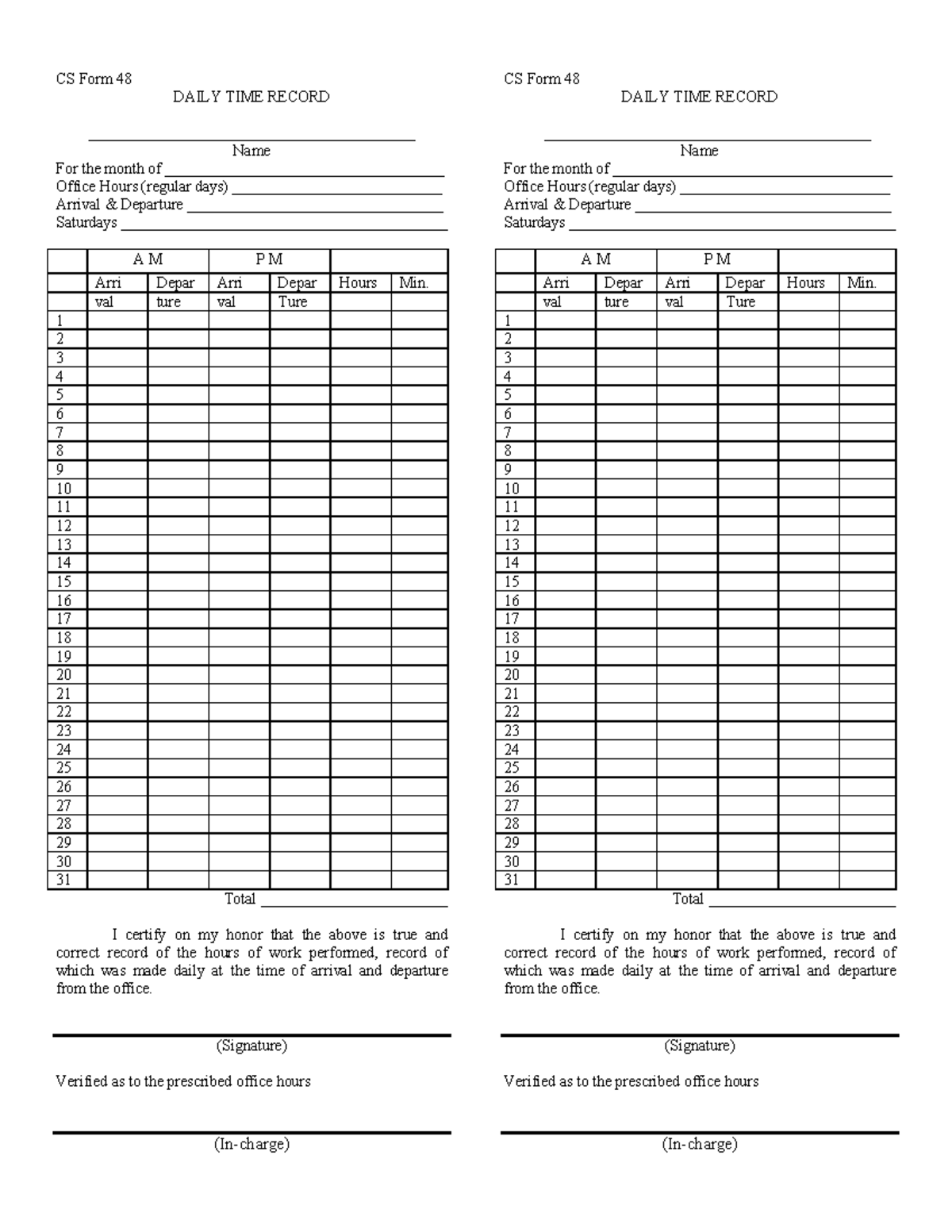 Cs-48-form - short infos - CS Form 48 DAILY TIME RECORD Name For the ...