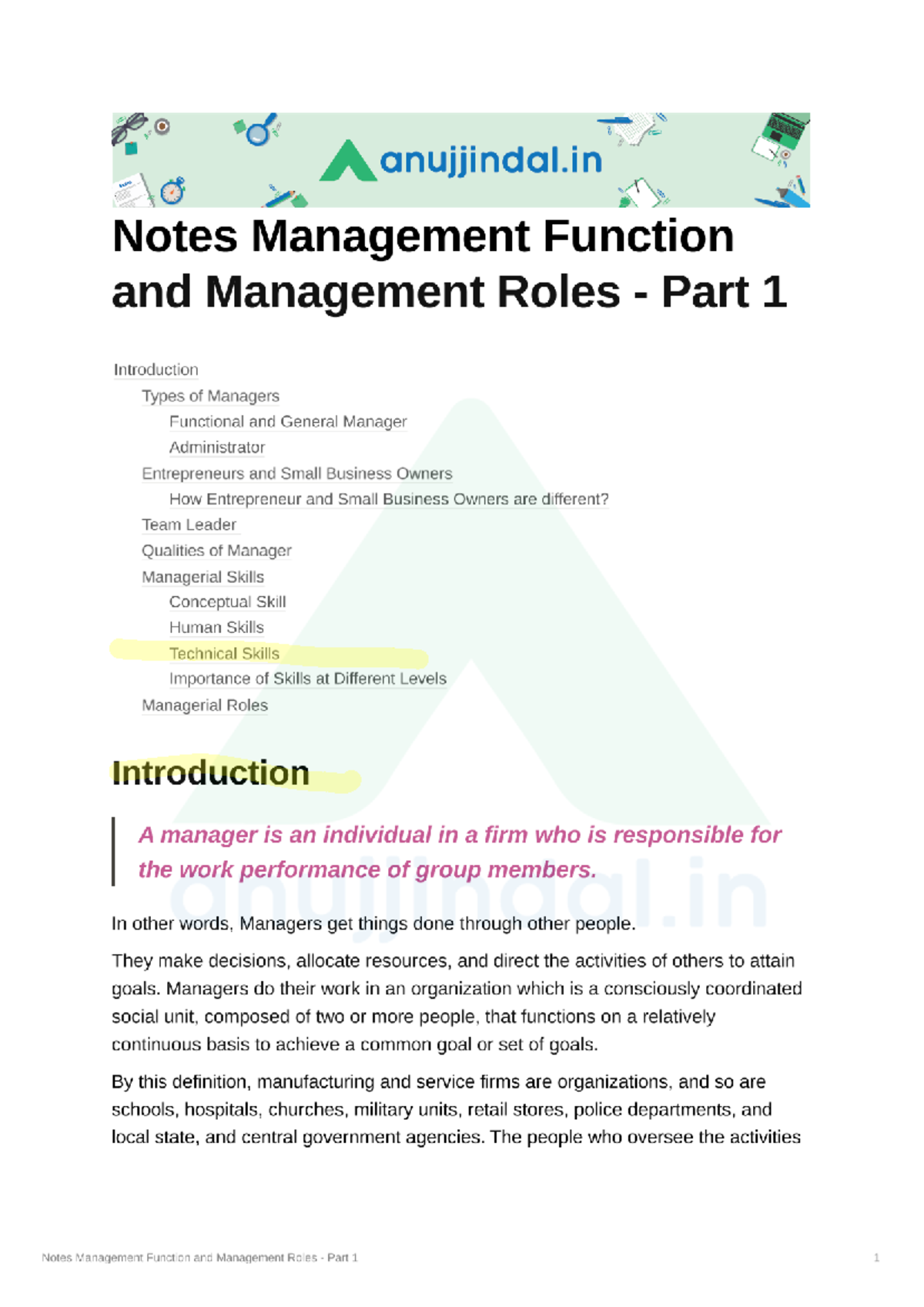 Notes Management Function and Management Roles p-1 - Marketing ...