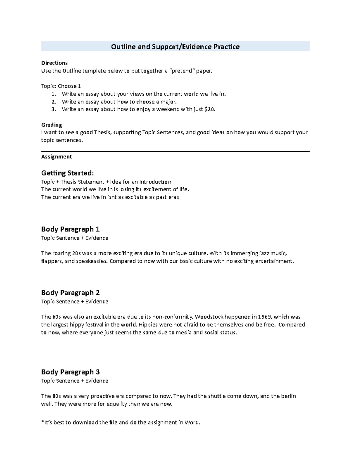 Outline Evidence In Class - Outline and Support/Evidence Practice ...