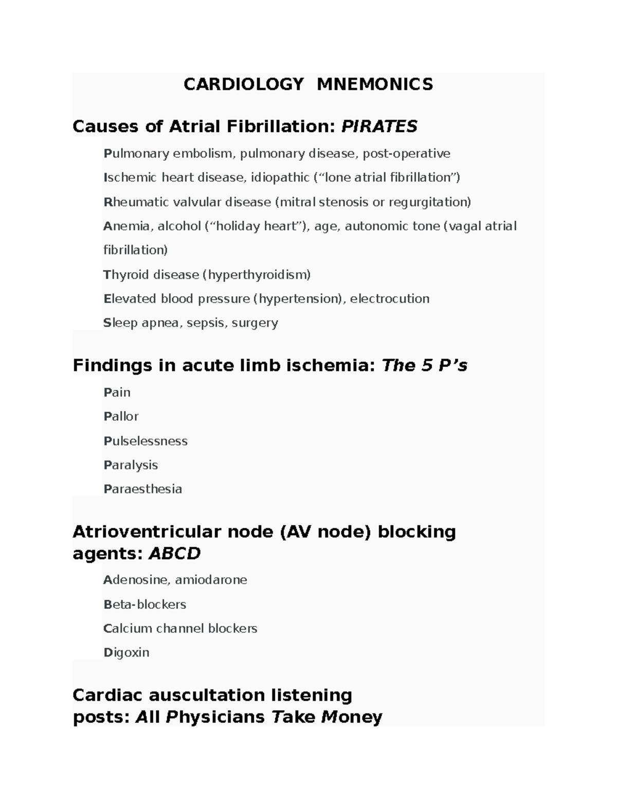 Cardiology Mnemonics - help to my nurses - CARDIOLOGY MNEMONICS Causes ...