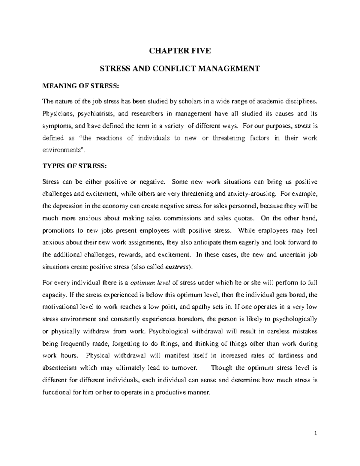 OB CH 5 chapter five. Claear - CHAPTER FIVE STRESS AND CONFLICT ...