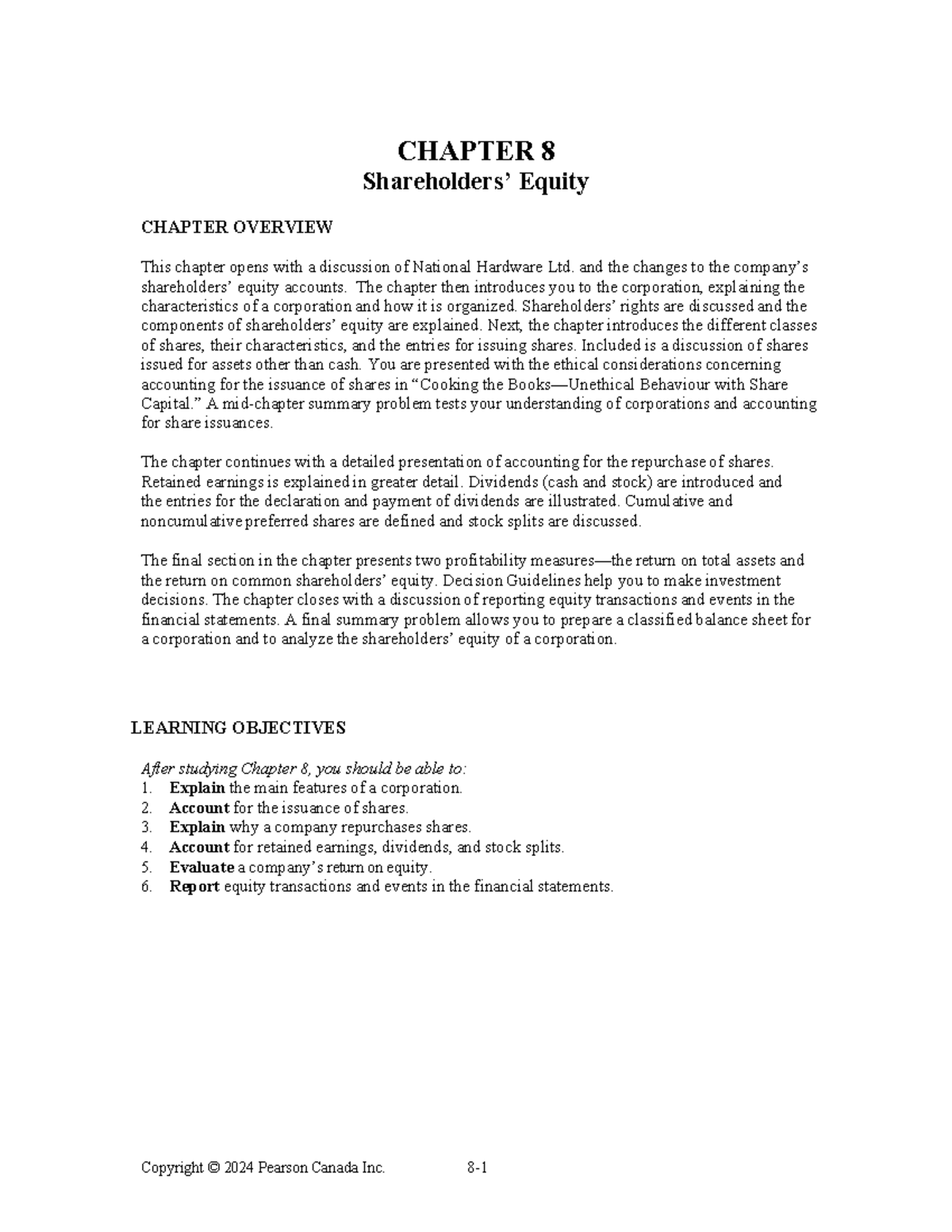 Chapter 8 Notes - CHAPTER 8 Shareholders’ Equity CHAPTER OVERVIEW This ...