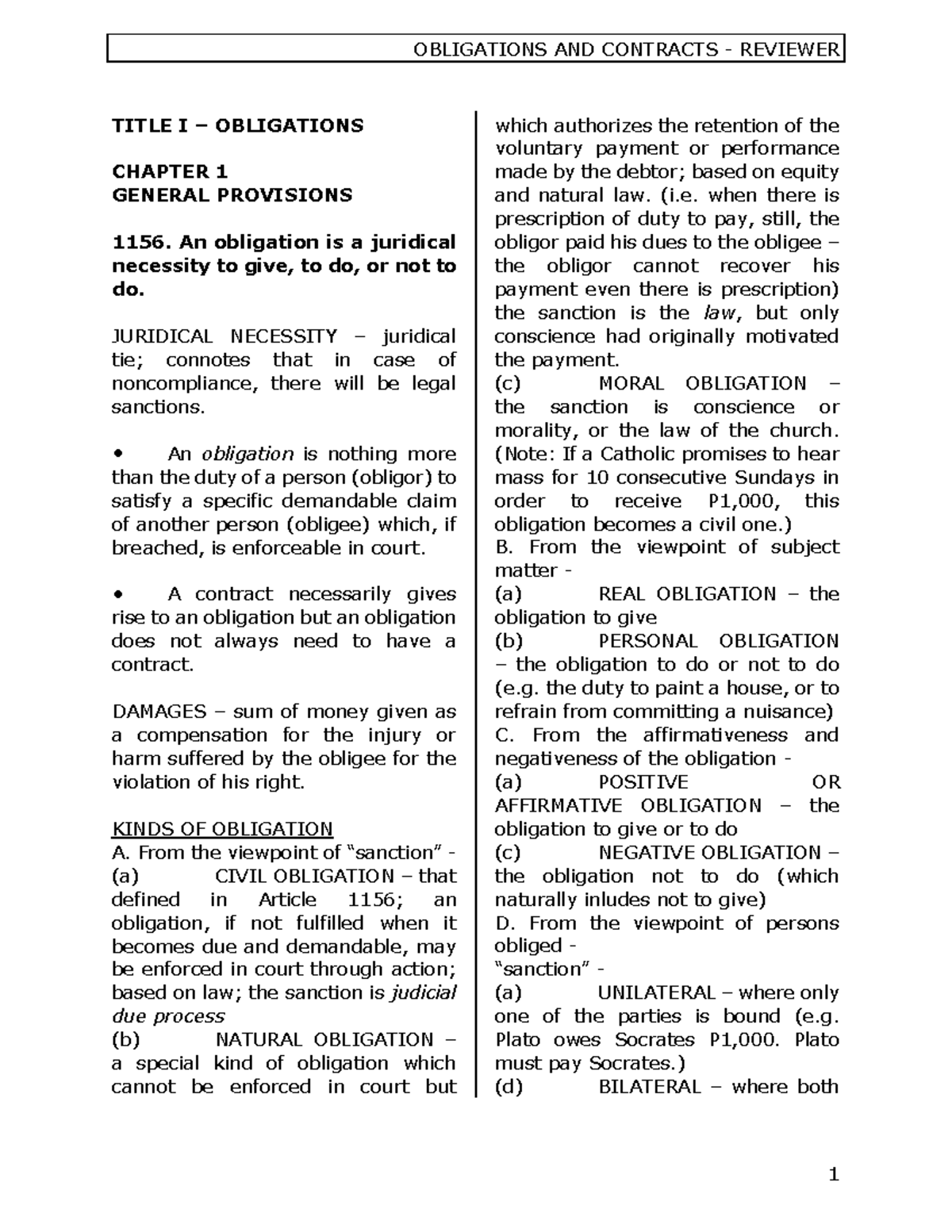 Oblicon-Pracs 1 - Obligations and Contracts 1st sem - Law On ...