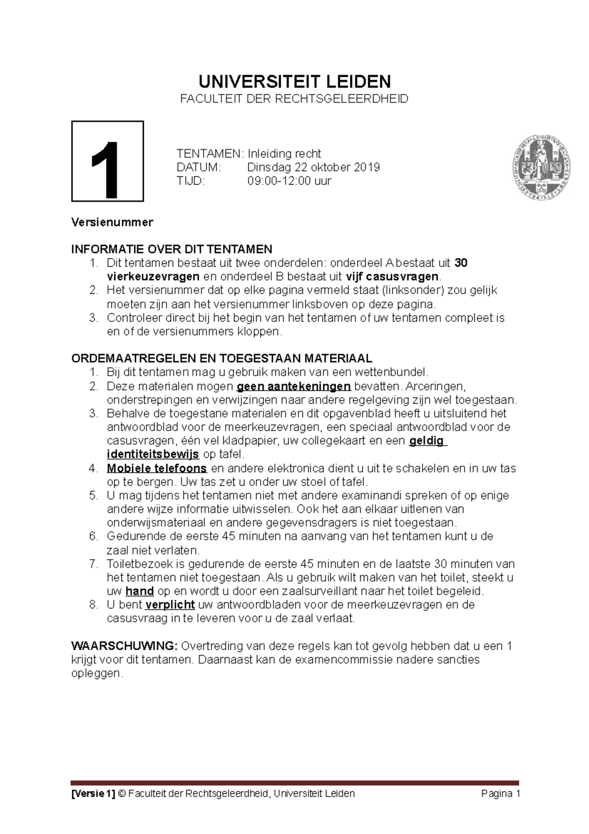 Tentamen Inleiding recht 22-10-2019 versie 1 Nabespr - UNIVERSITEIT ...
