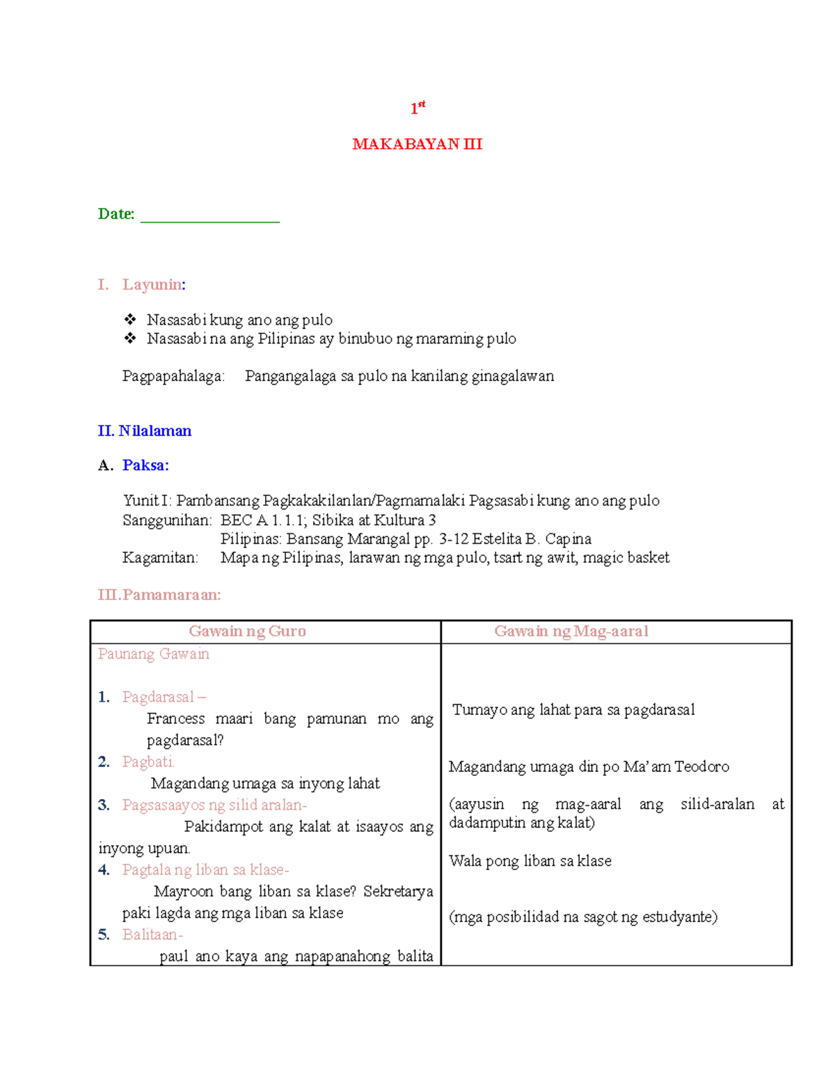 Lesson PLAN ( Araling Panlipunan) - 1 st MAKABAYAN III Date ...