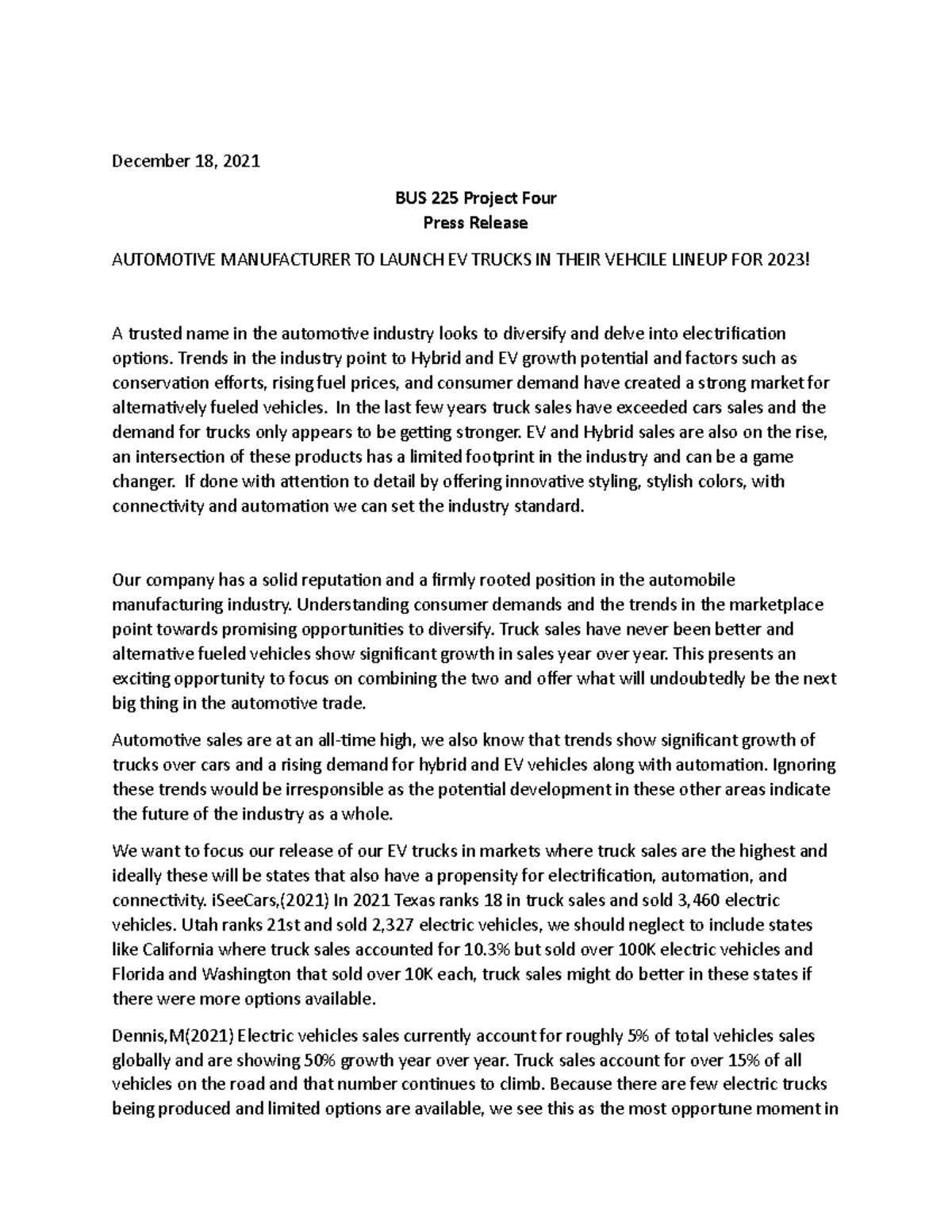 BUS225 Project Four - December 18, 2021 BUS 225 Project Four Press ...