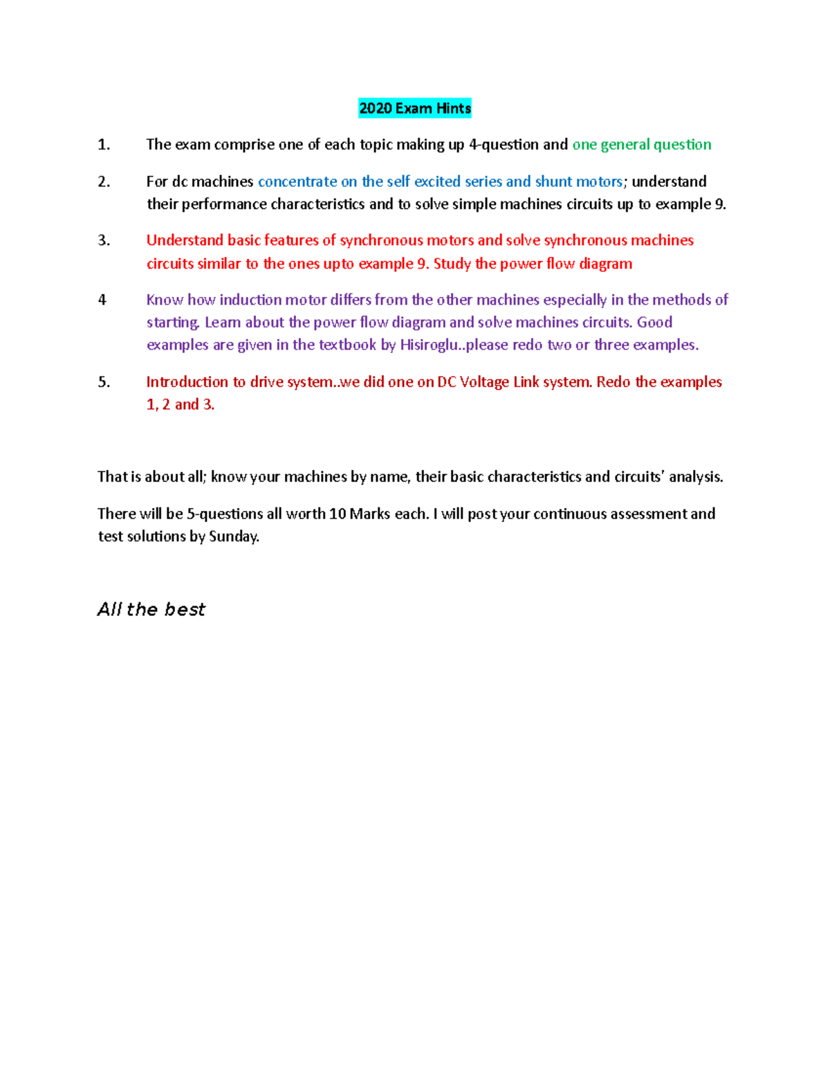 2020 Exam Hints - 2020 Exam Hints The exam comprise one of each topic ...