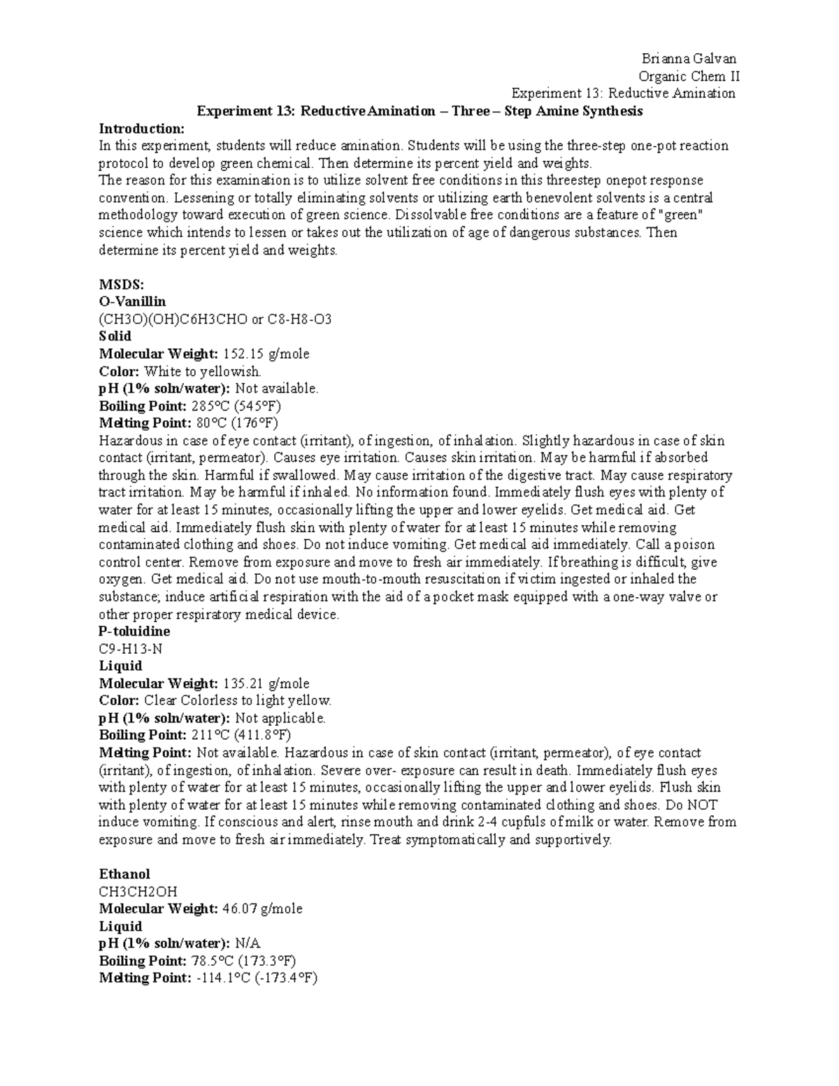 Experiment 13 Reductive Animation - Organic Chem II Experiment 13 ...