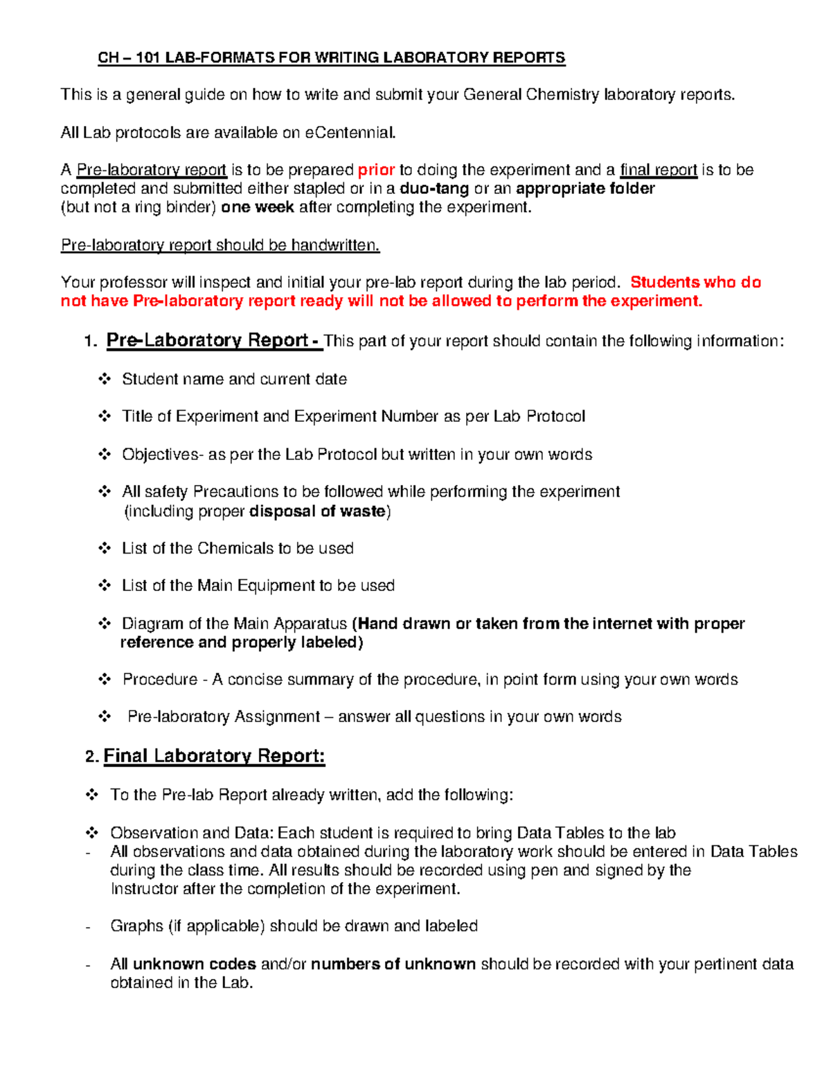 CH101-Pre lab, Final lab report, and Grading sheet F18 - CH – 101 LAB-FORMATS FOR WRITING ...
