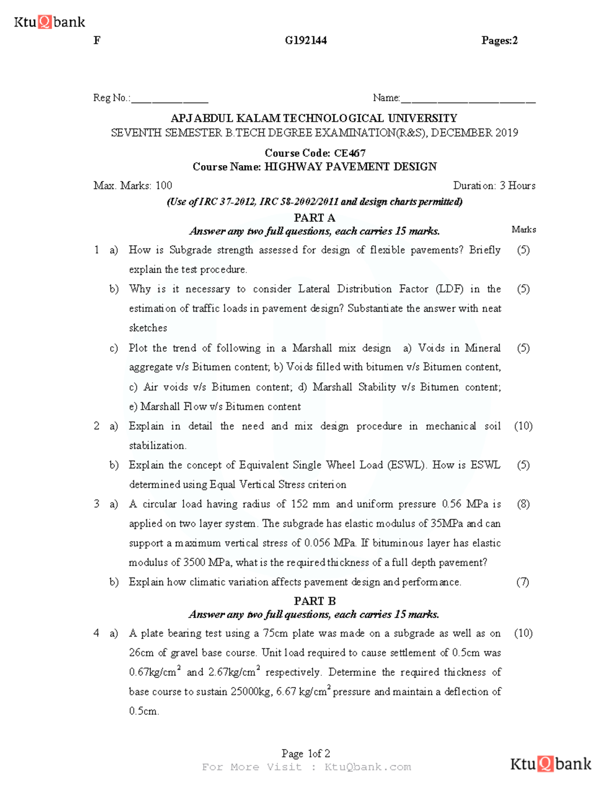 2019 Dec. CE467-C - ktu qbank - F G192144 Pages: Page 1of 2 Reg No ...