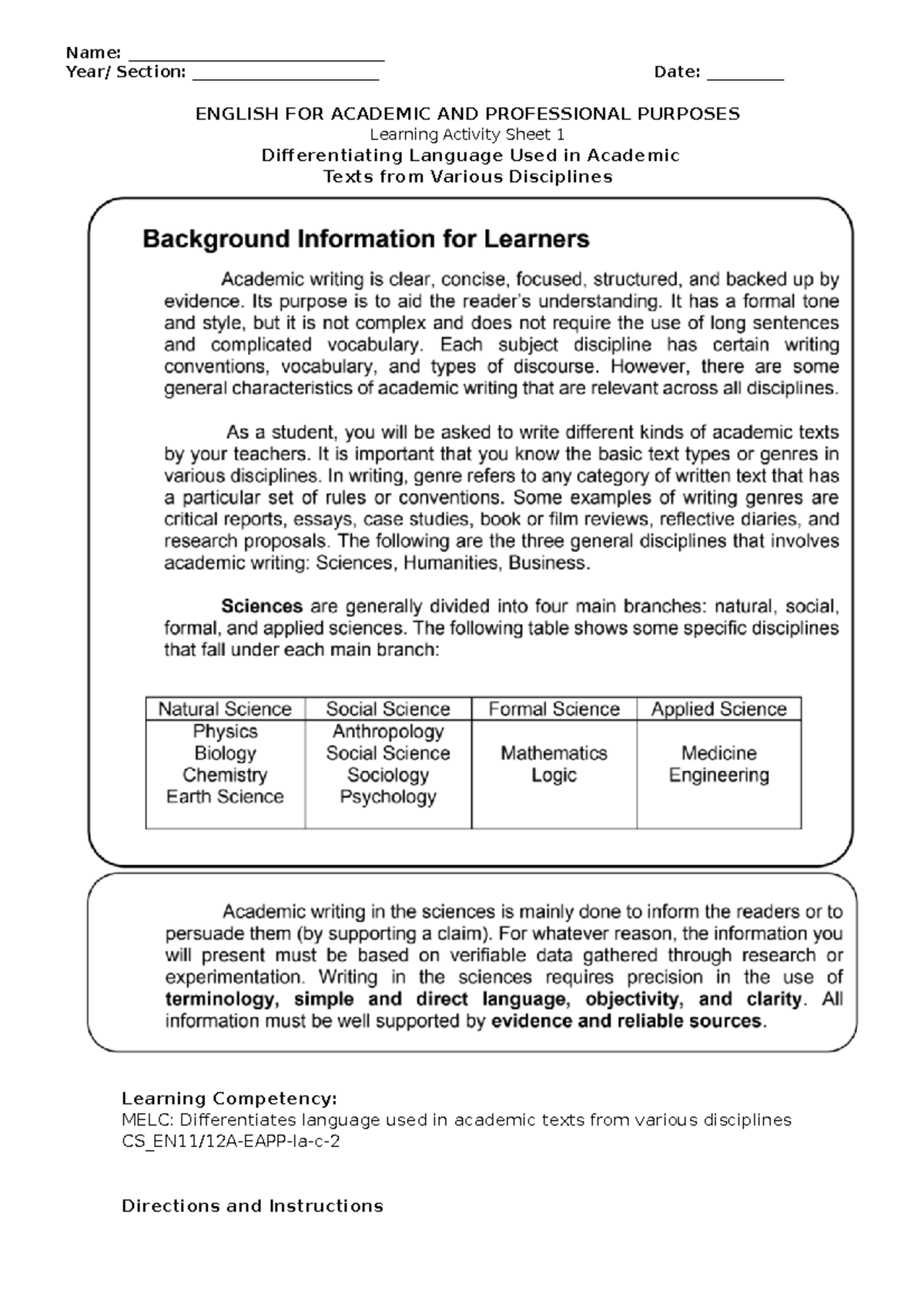 EAPP LAS - this is an activity sheet in English for Academic and ...