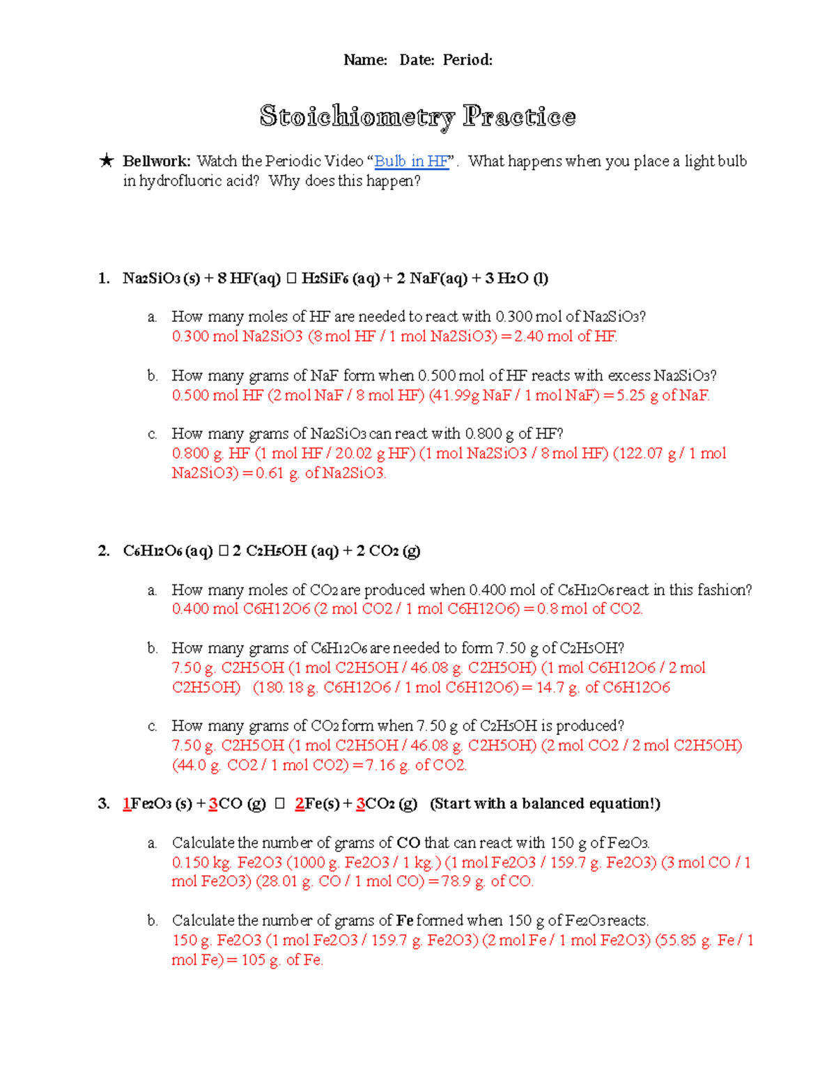 Stoichiometry Practice - Name: Date: Period: Stoichiometry Practice ...