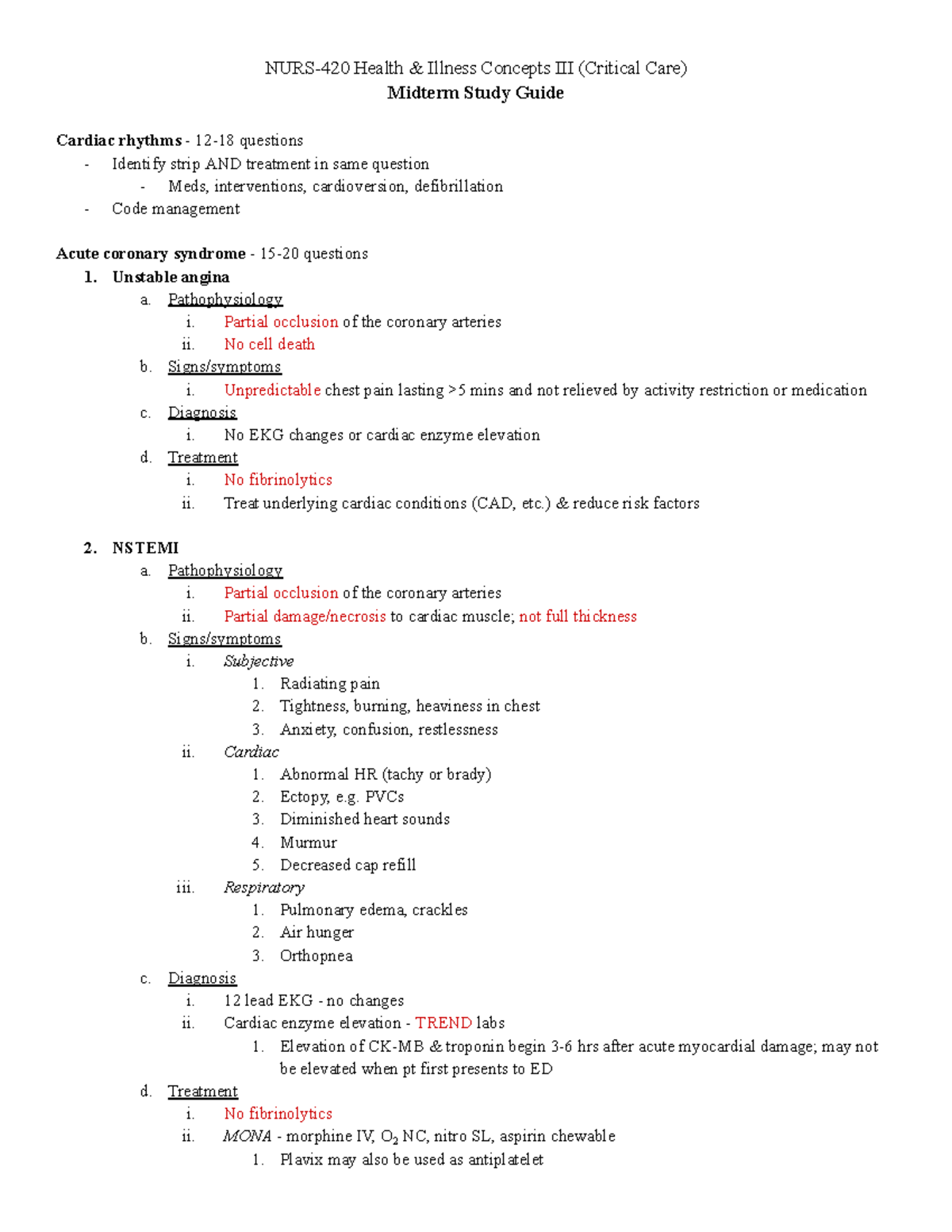 Midterm study guide - NURS-420 Health & Illness Concepts III (Critical Care) Midterm Study Guide ...